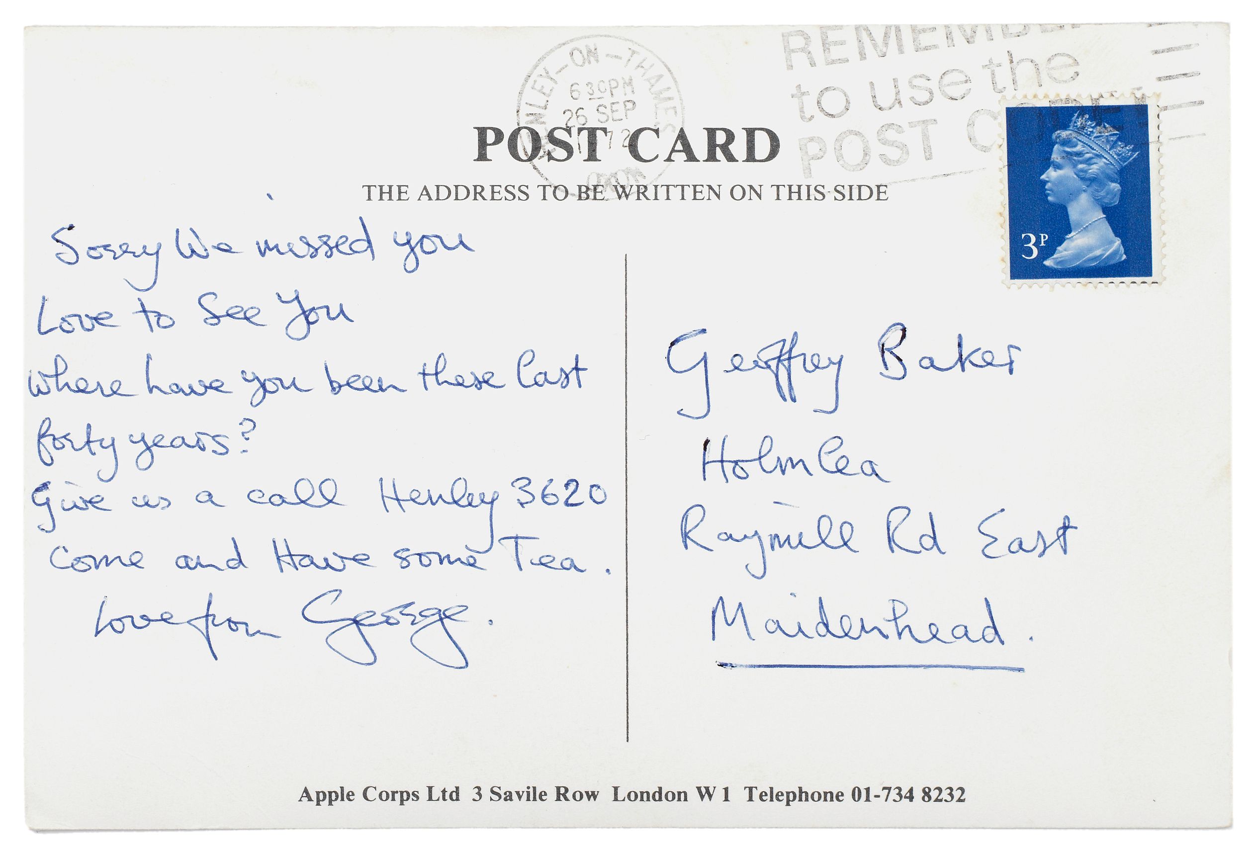 Bonhams : The Beatles A postcard from George Harrison to Geoffrey Baker ...