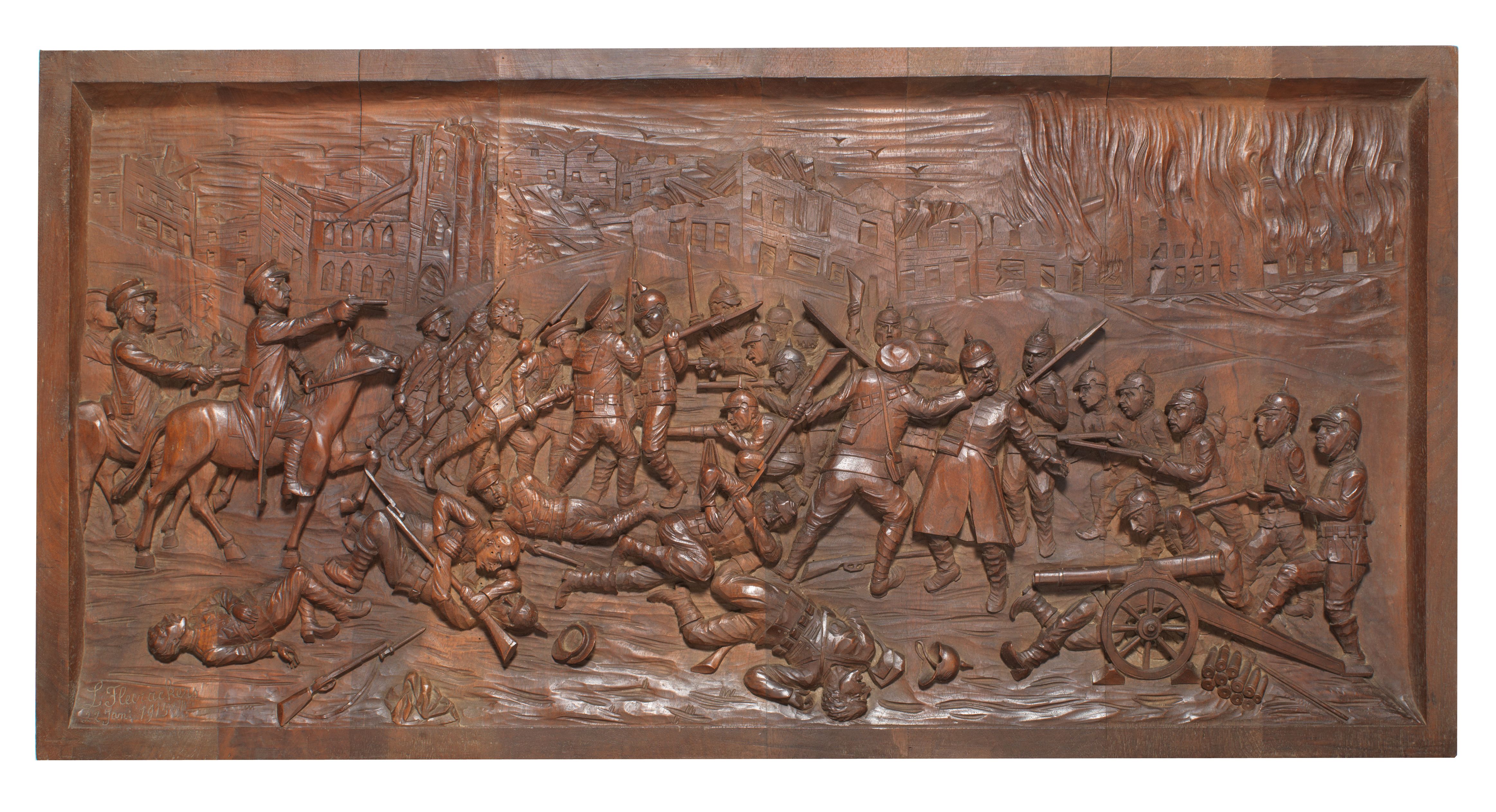 Bonhams : A WW1 carved walnut relief panel,