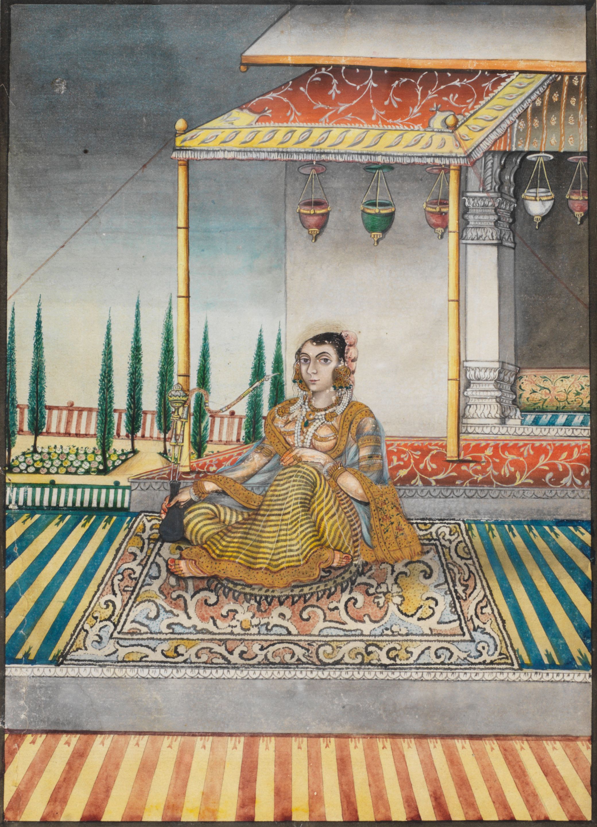 Bonhams : A courtesan seated smoking a hookah on a terrace Calcutta ...