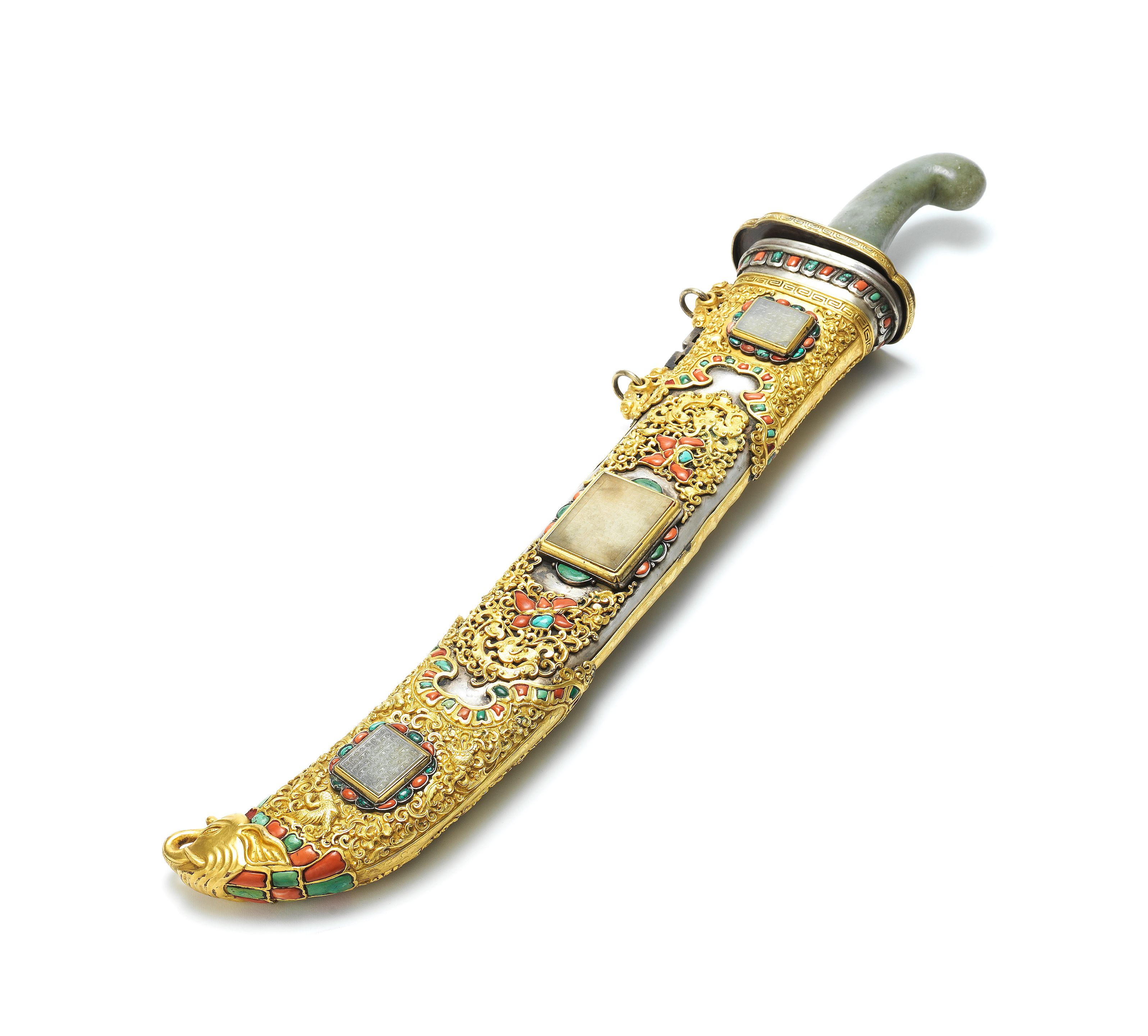 Bonhams : A gilt bronze and jade, coral and turquoise-inlaid sword and ...
