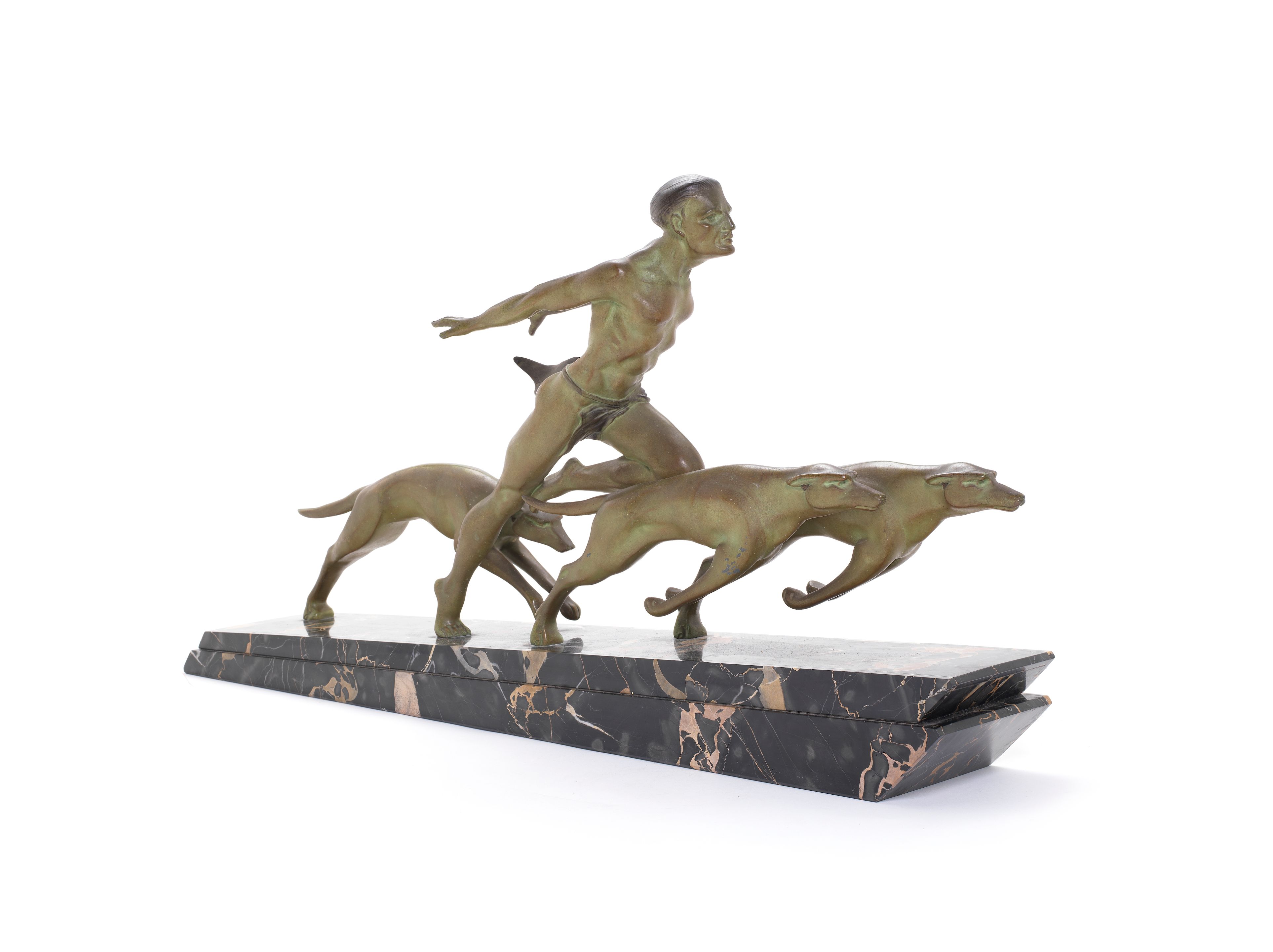 Bonhams : L. Valderi A Spelter Sculpture of a Man Running with Wolves ...