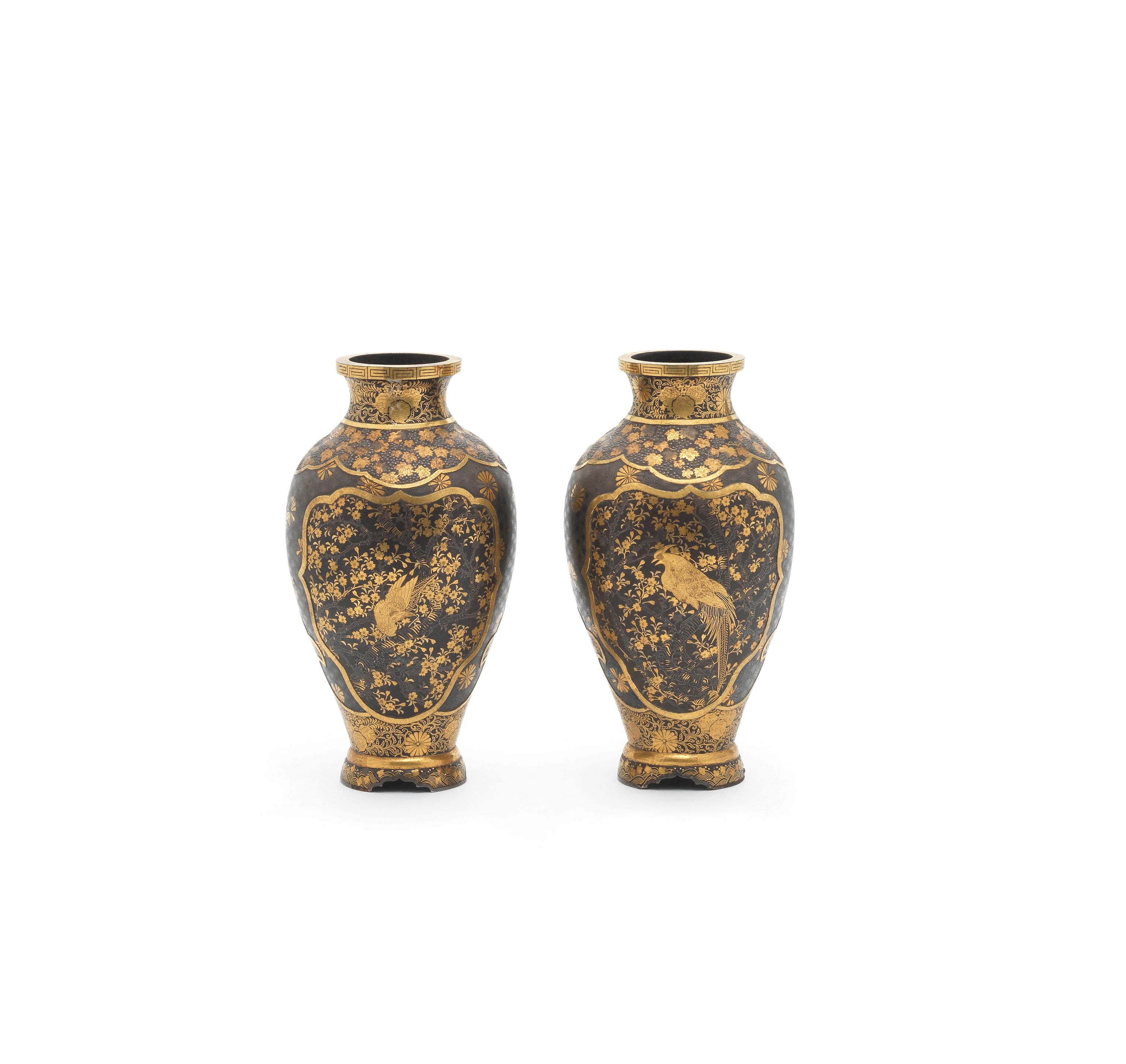 Bonhams : A pair of inlaid iron slender ovoid vases Komai style, Kyoto ...