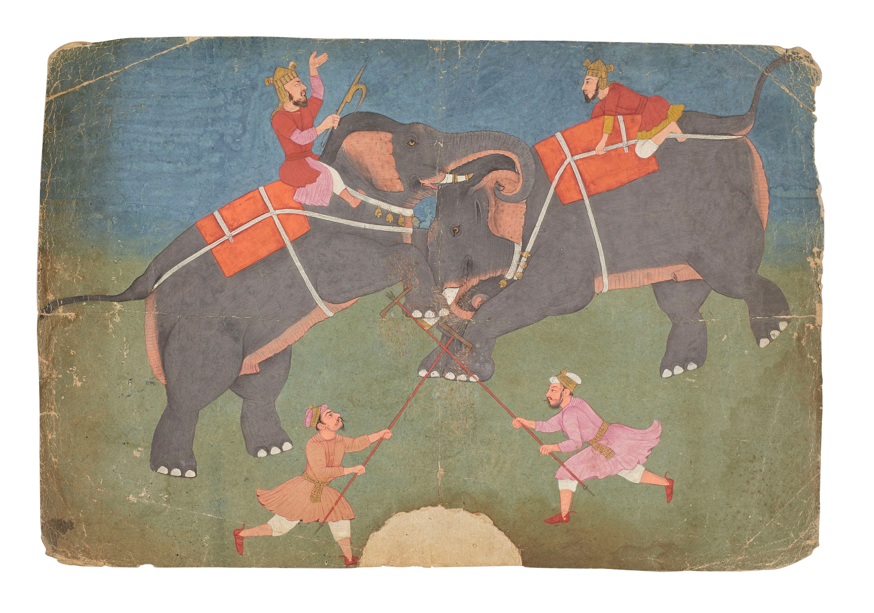 Bonhams : Elephants in combat Provincial Mughal 18th Century