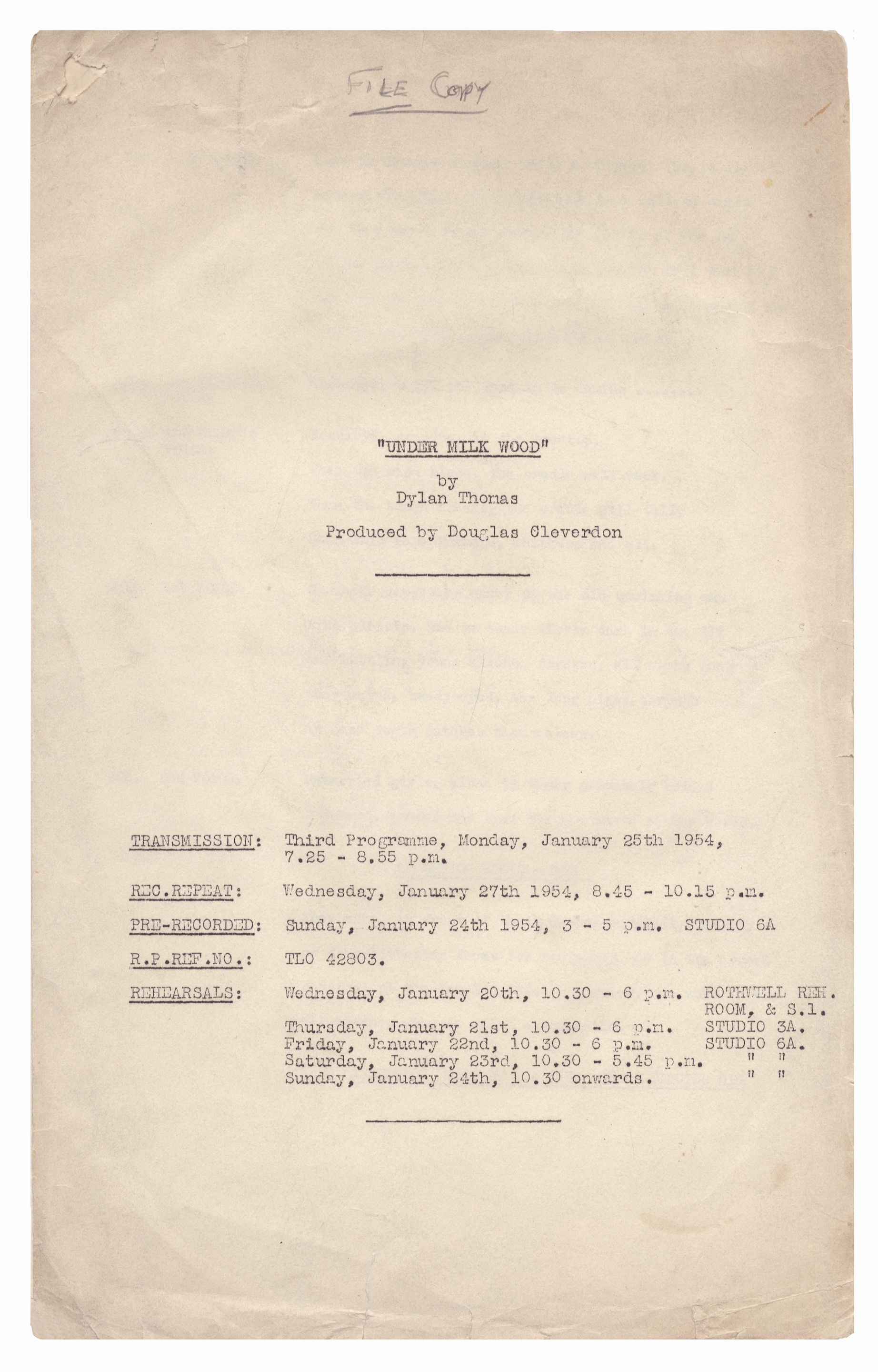 Bonhams : THOMAS (DYLAN) Roneoed broadcast script of Under Milk Wood, marked in pencil File Copy ...