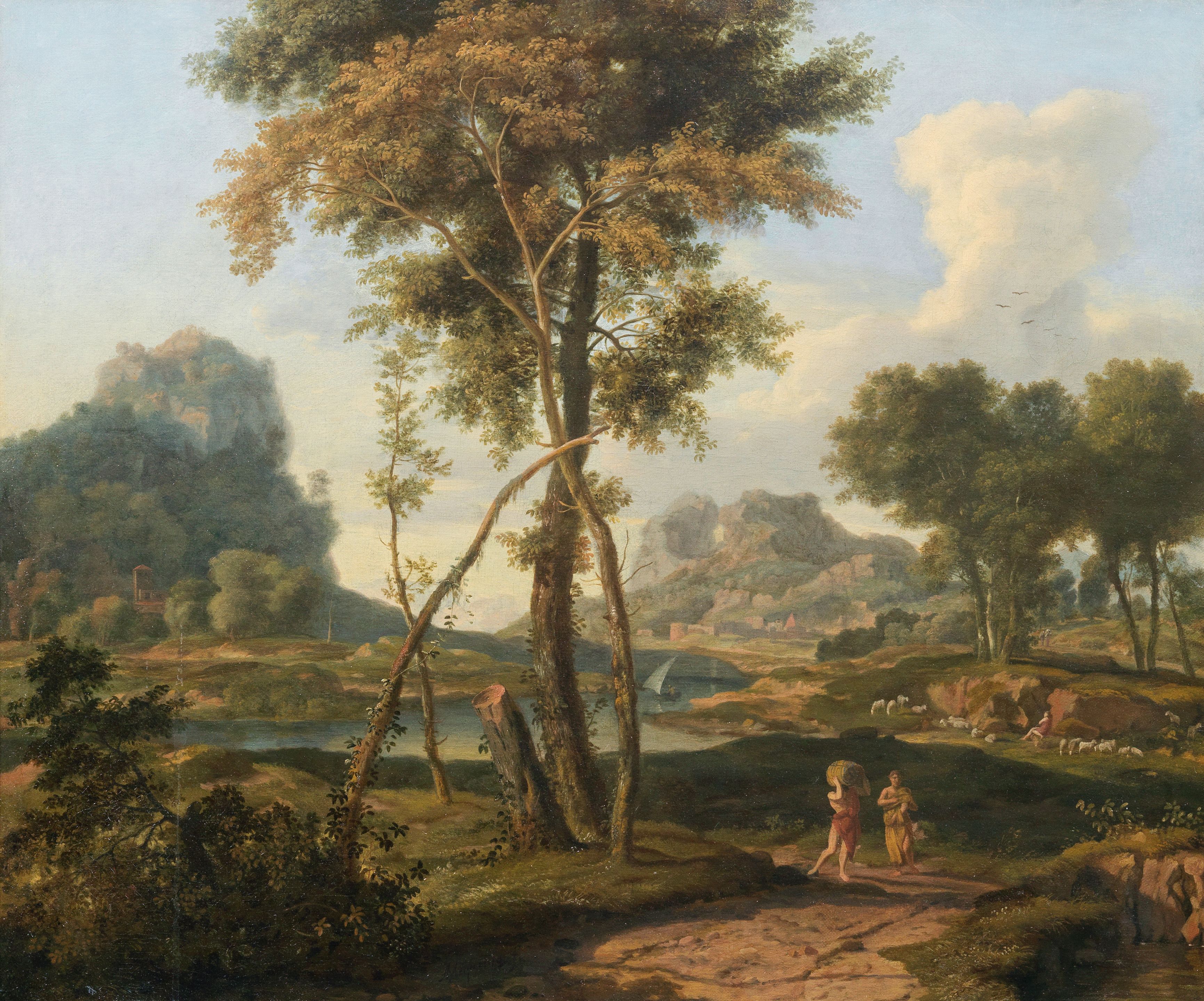 Bonhams : Albert Meyering (Amsterdam 1645-1714) An Arcadian river landscape with travellers on a ...