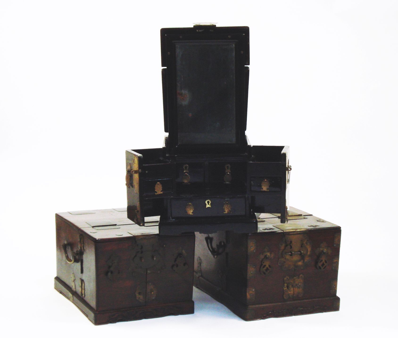 Bonhams : Two hardwood travelling vanity boxes and a lacquer example ...