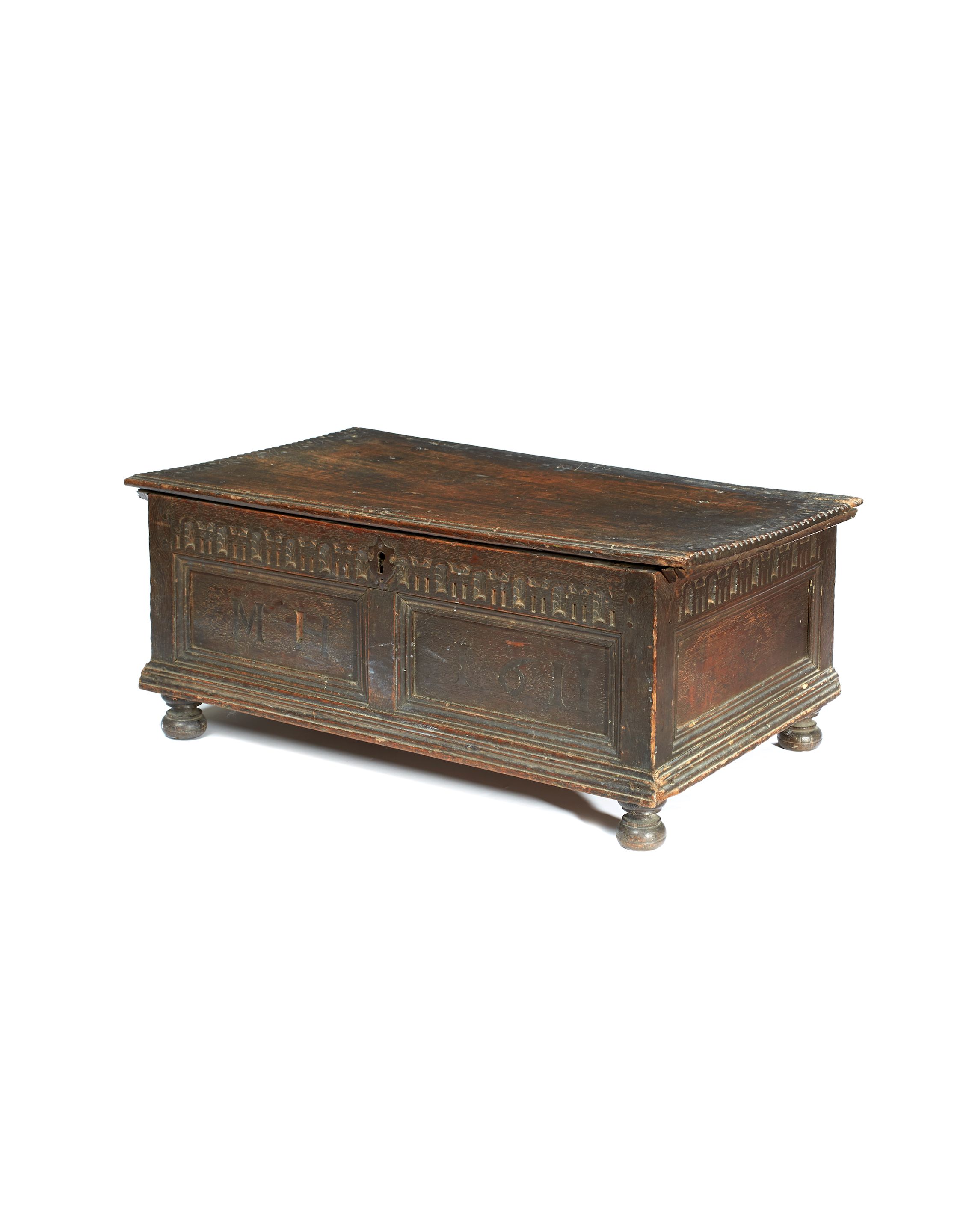 Bonhams : A rare James I joined and panelled oak box, inlaid with the ...