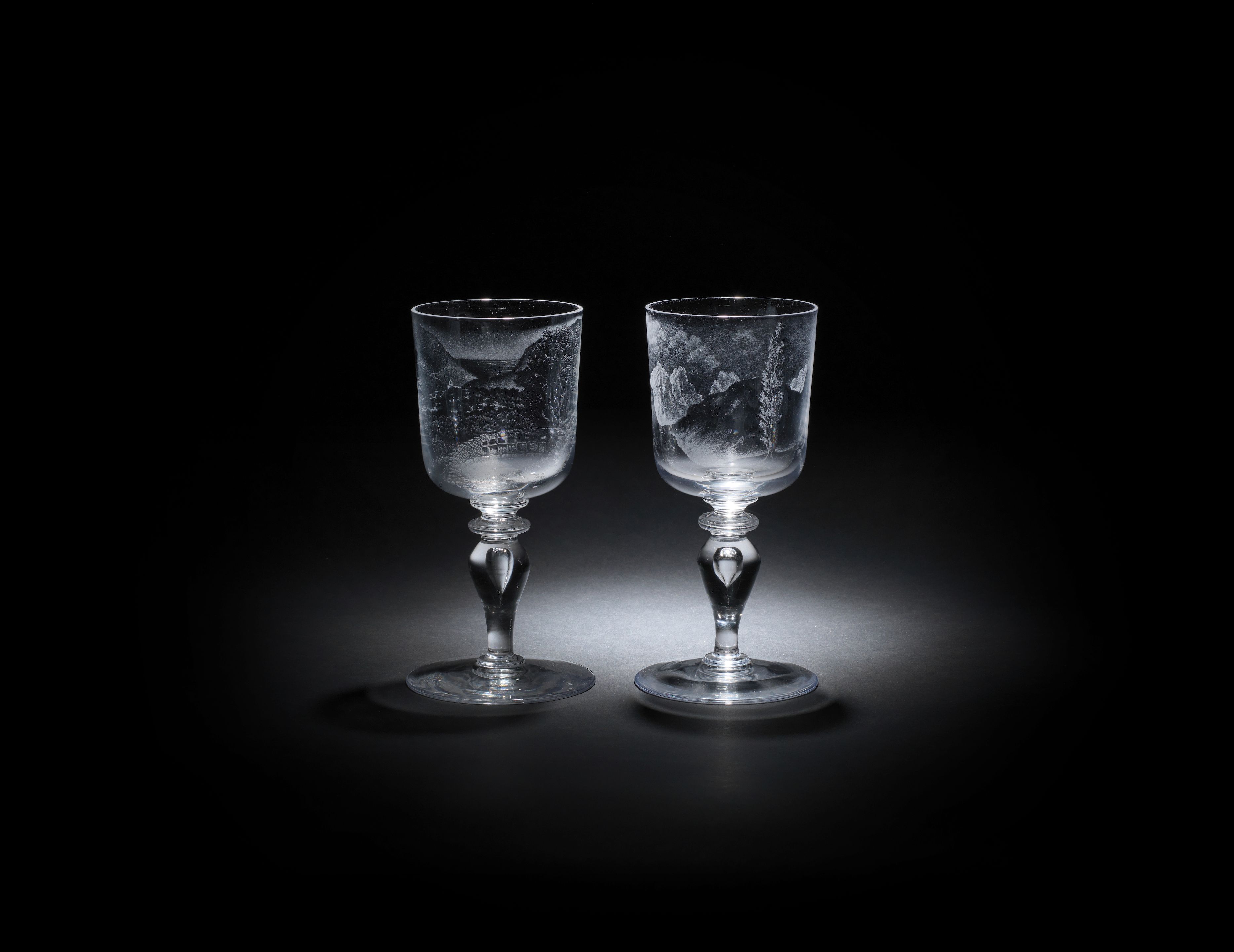 Bonhams : A pair of Whitefriars stipple-engraved goblets by Simon ...