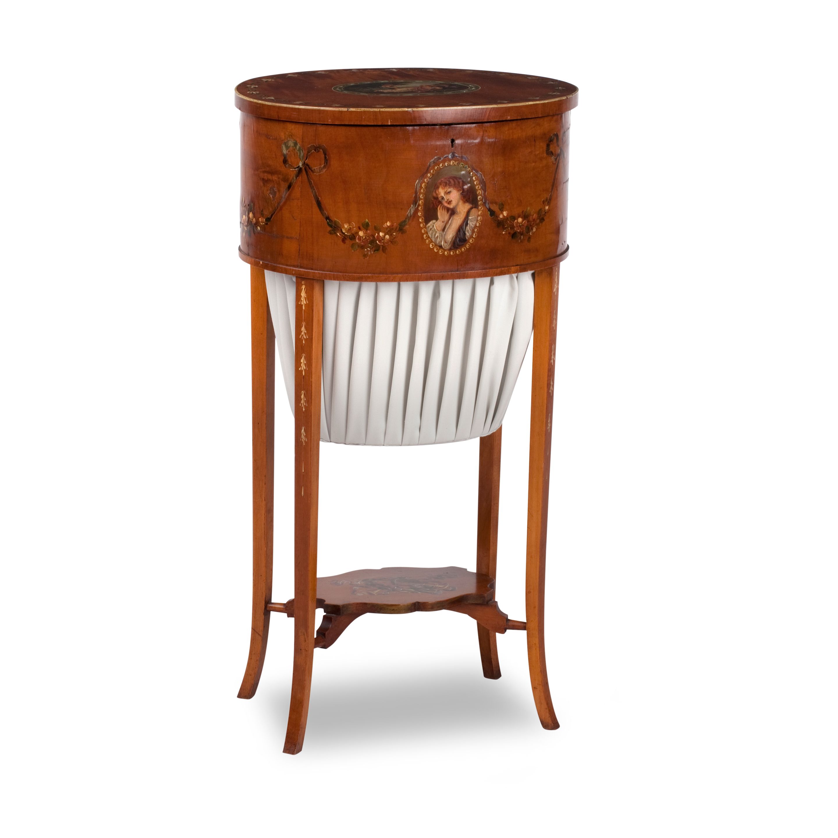 Bonhams : A late 19th century painted satinwood oval work box table