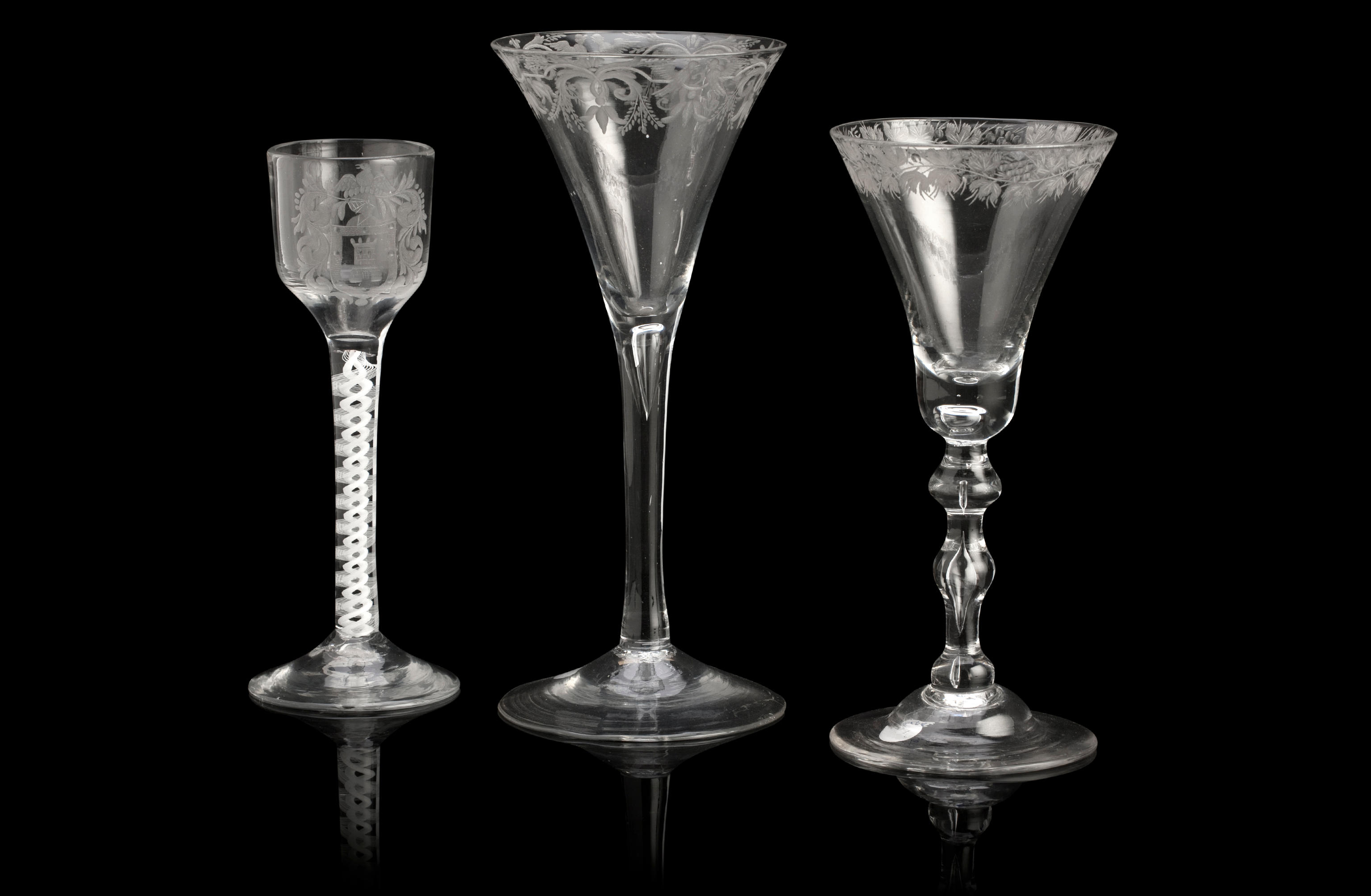 Bonhams Three Engraved Wine Glasses 18th Century