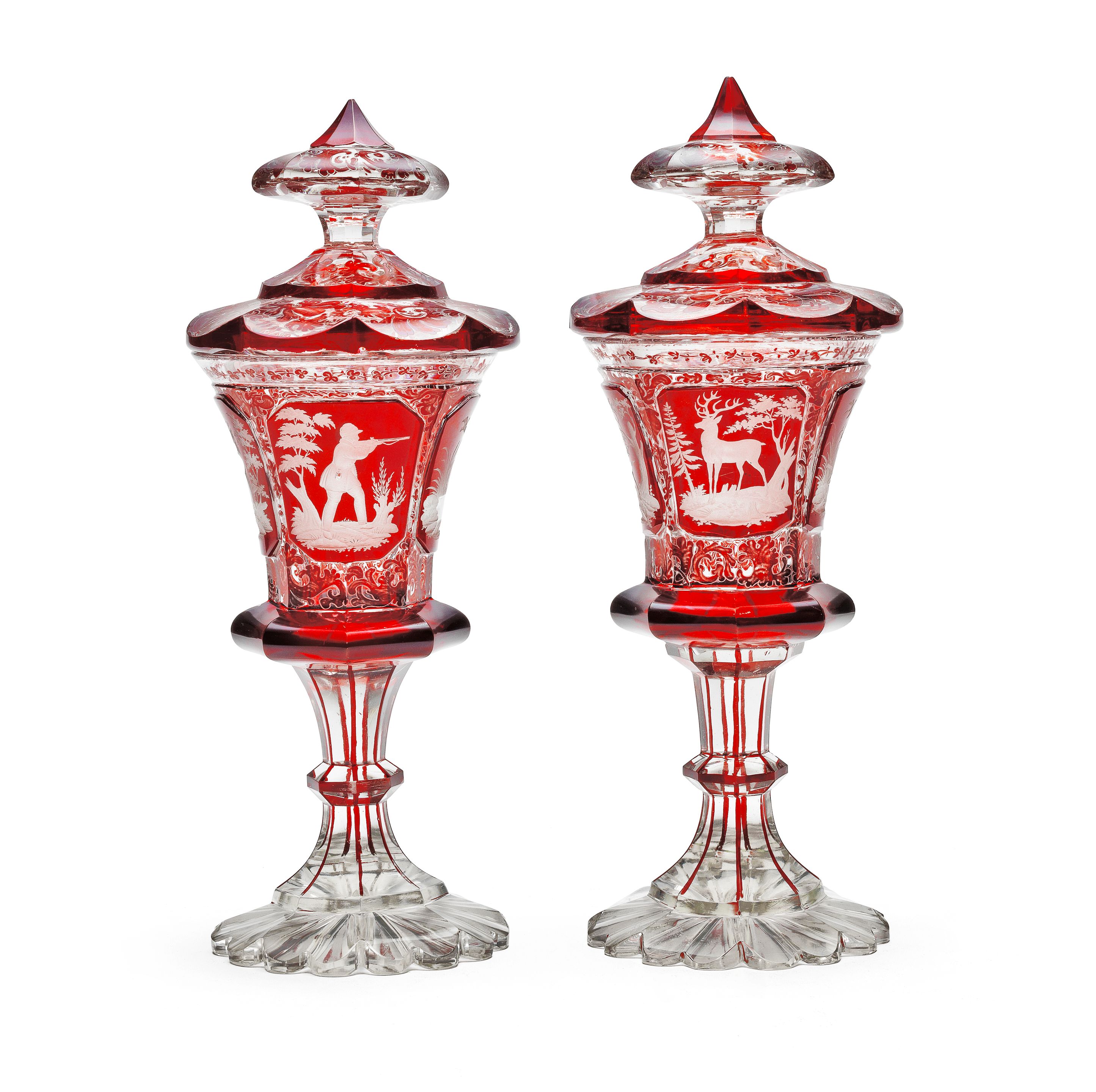 Bonhams : A pair of Bohemian part ruby stained goblets and covers ...
