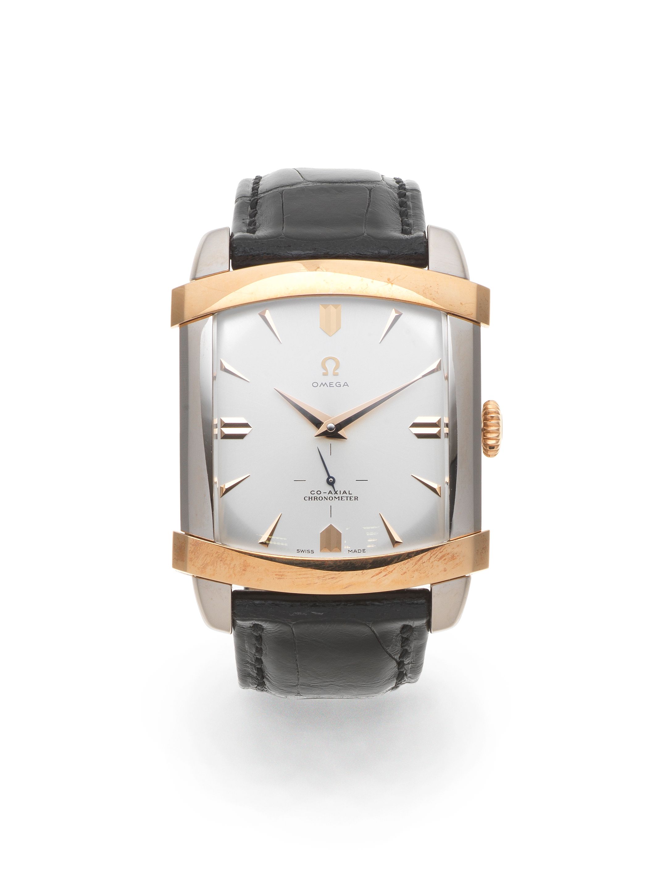 Bonhams : Omega. An 18K white and rose gold automatic co-axial square ...
