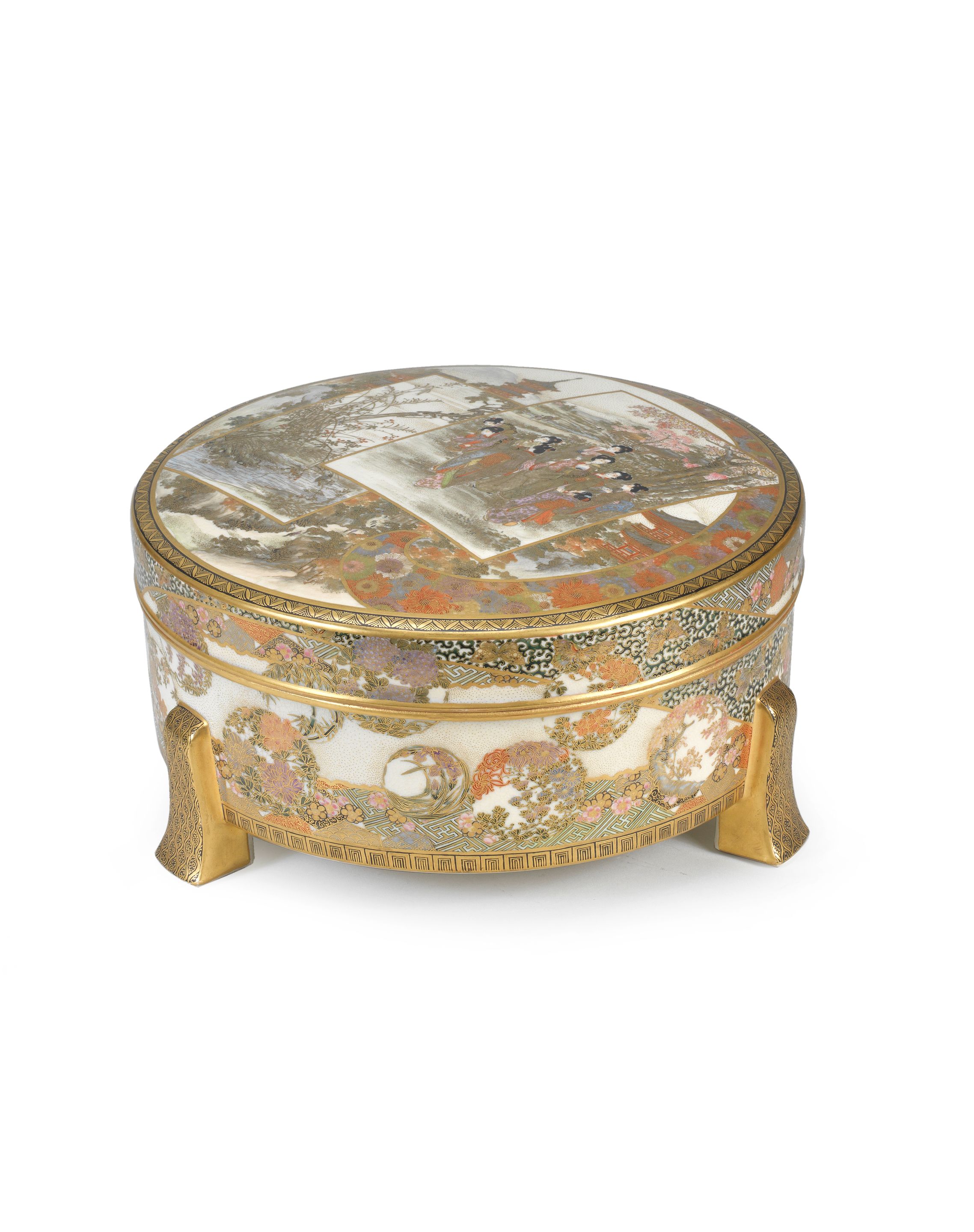 Bonhams : A circular three-legged Satsuma box and cover By Teizan ...