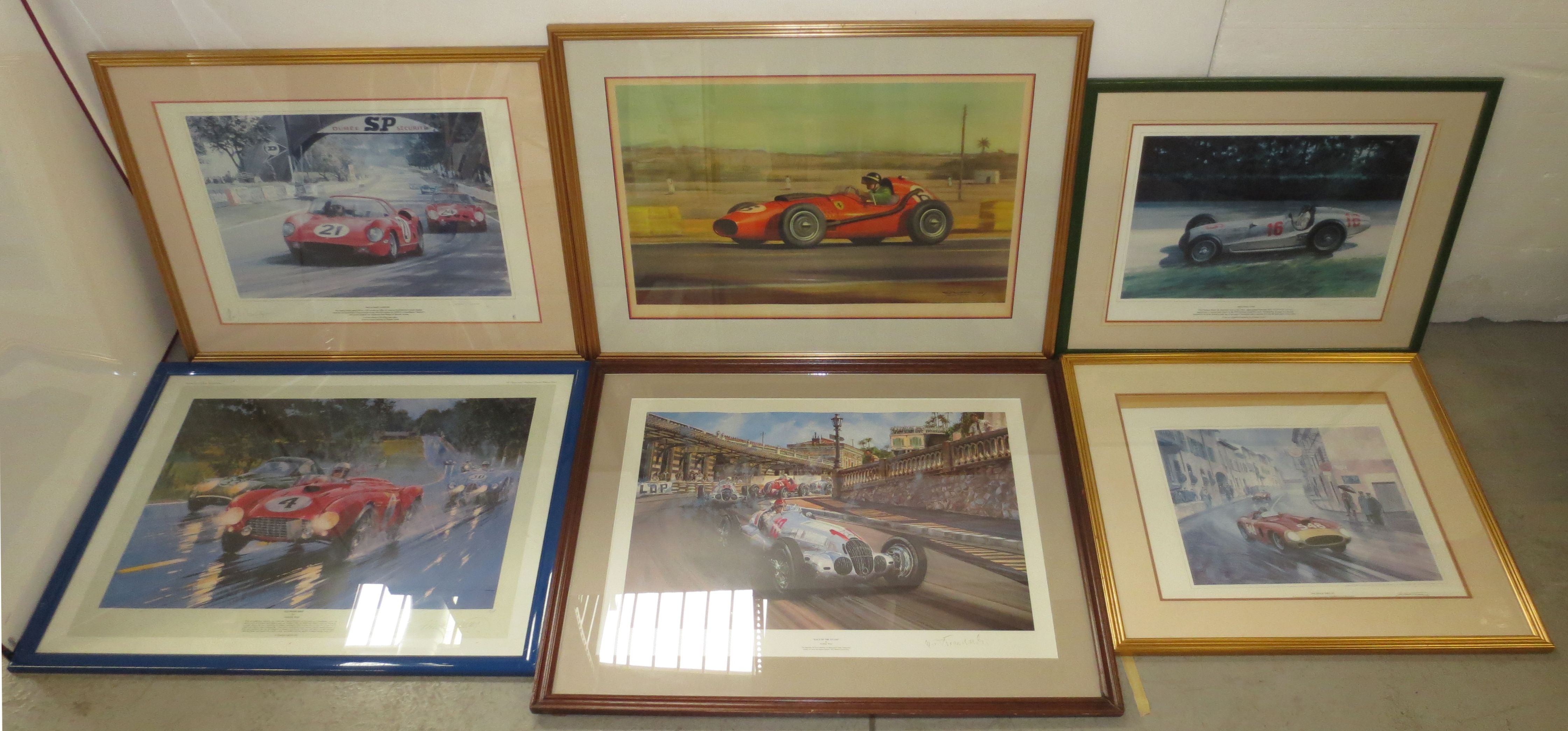 Bonhams Cars : Six assorted framed motor racing prints,