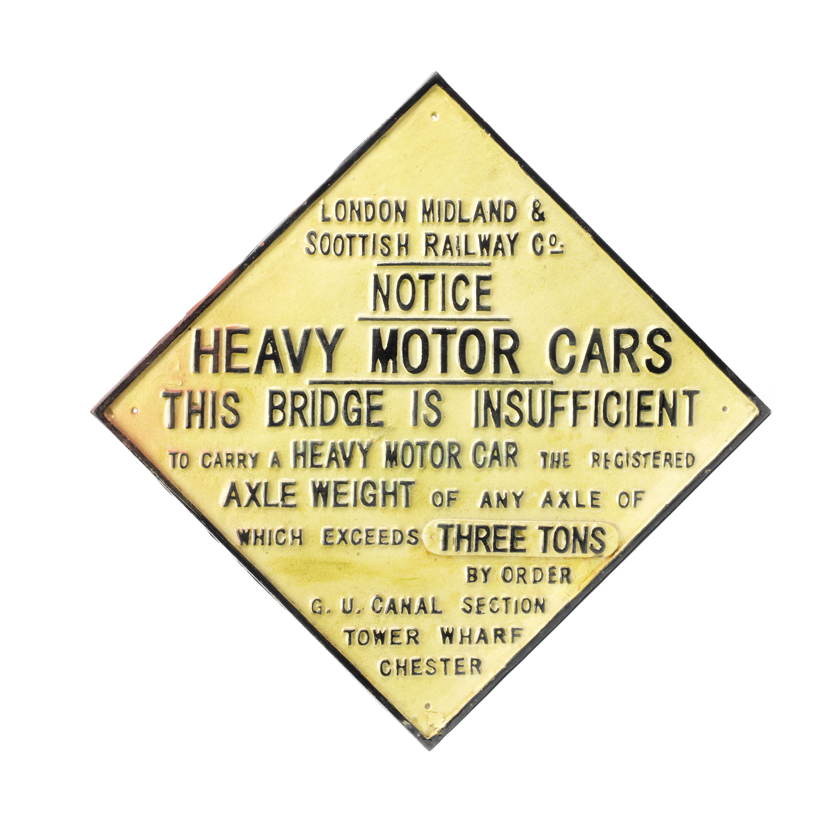 Bonhams Cars : A Heavy Motor Cars bridge warning sign, 1920s,