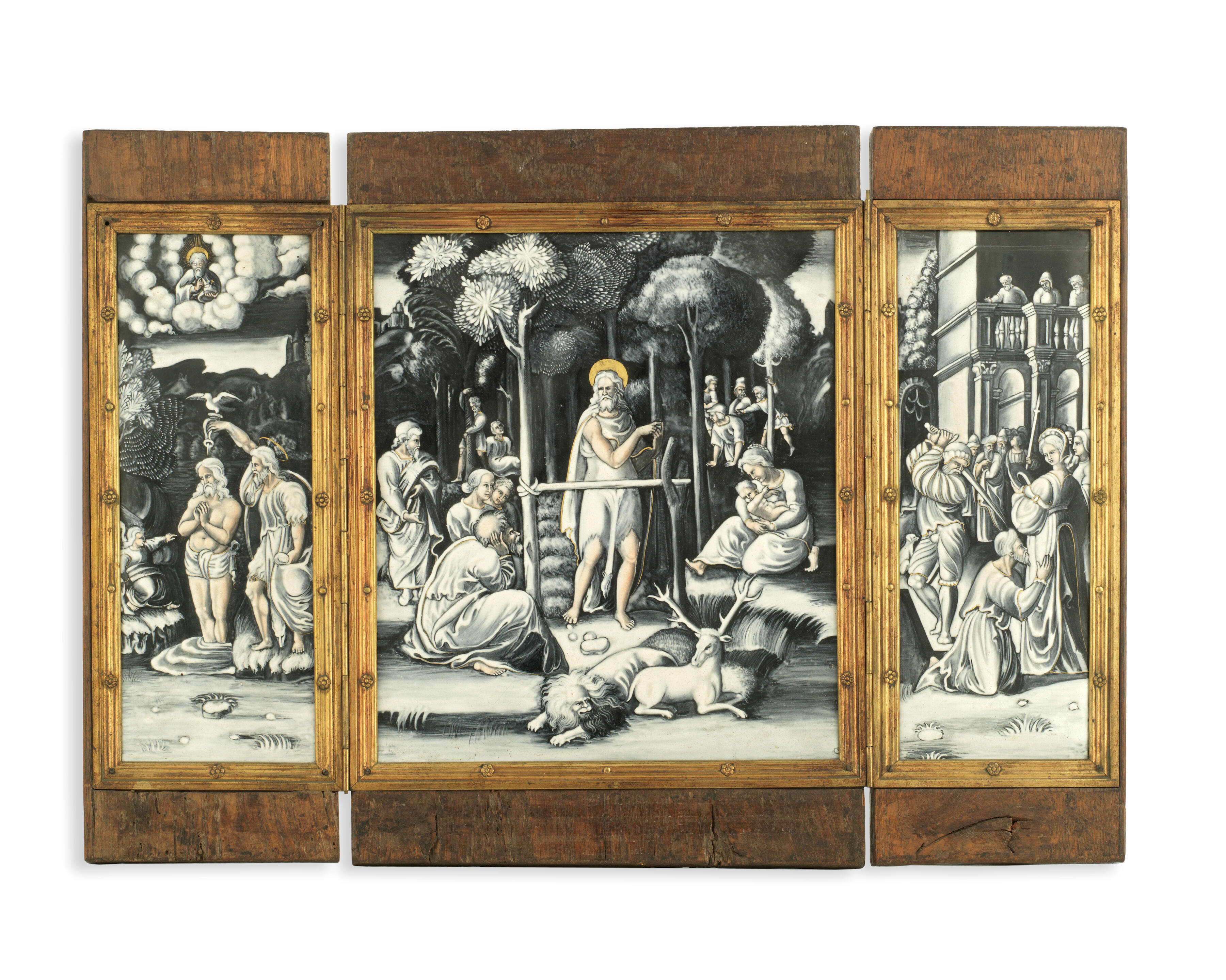 Bonhams : A 19th century Limoges enamel triptych depicting Scenes from the life of St. John the ...