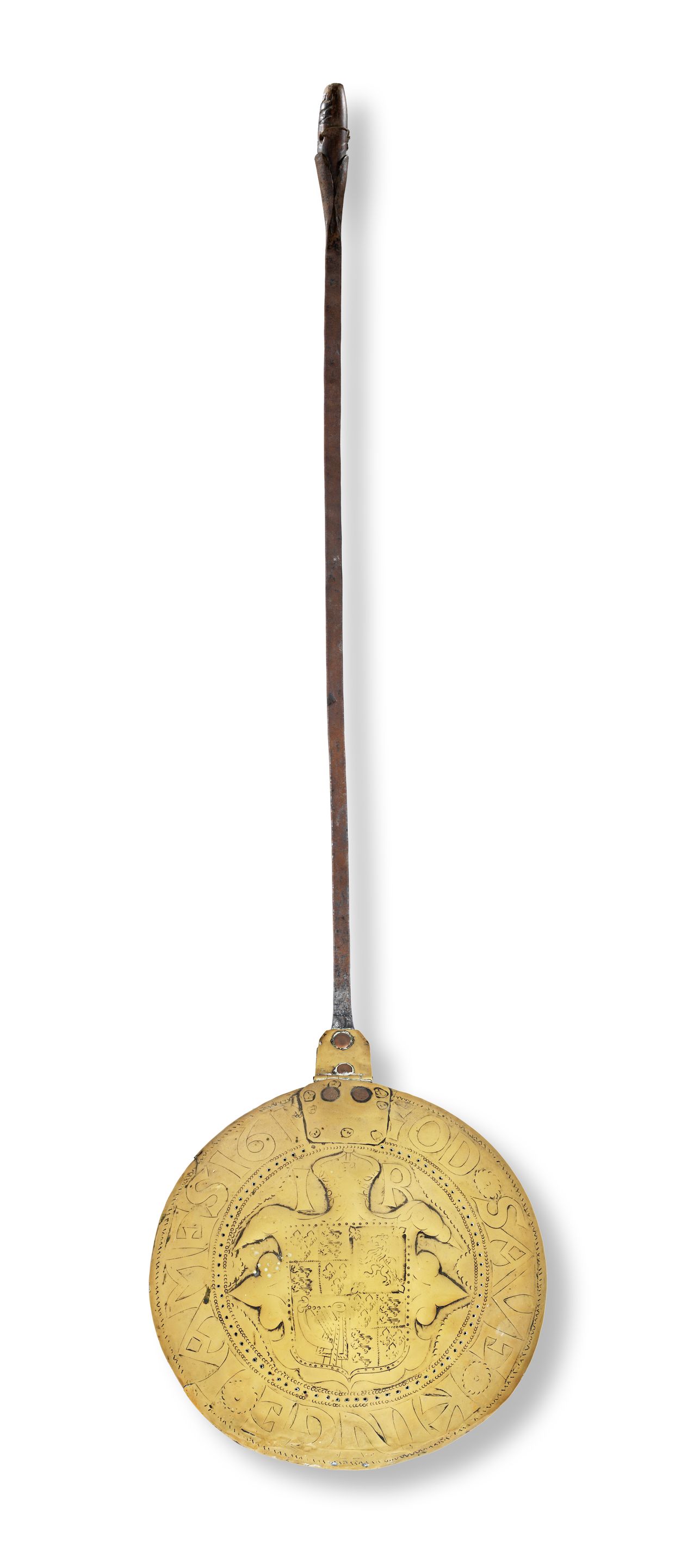 Bonhams : A rare James I brass warming pan, 1610 - 1619