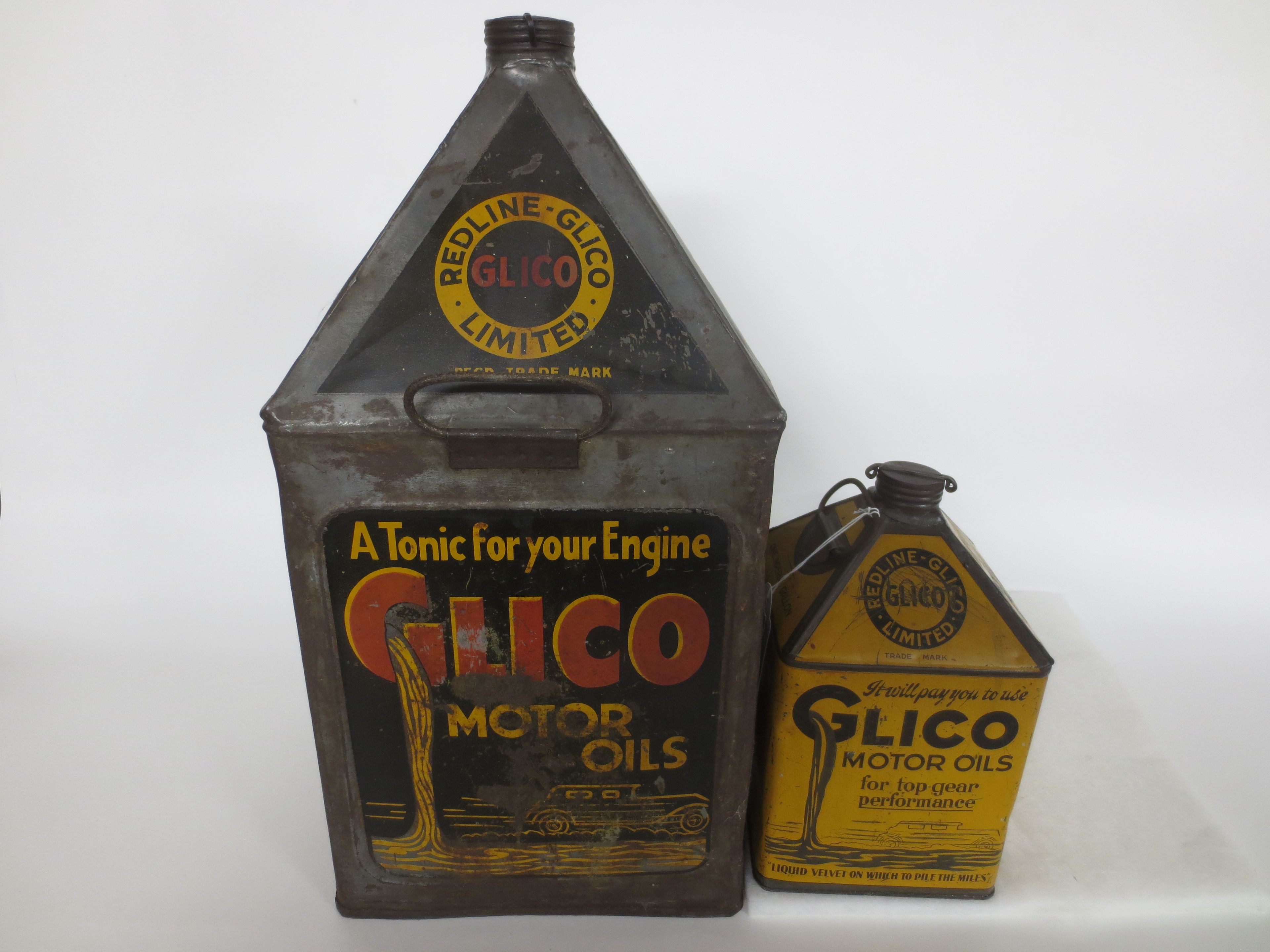 Bonhams Cars : Two Redline-Glico Motor Oil cans, 1930s, ((2))