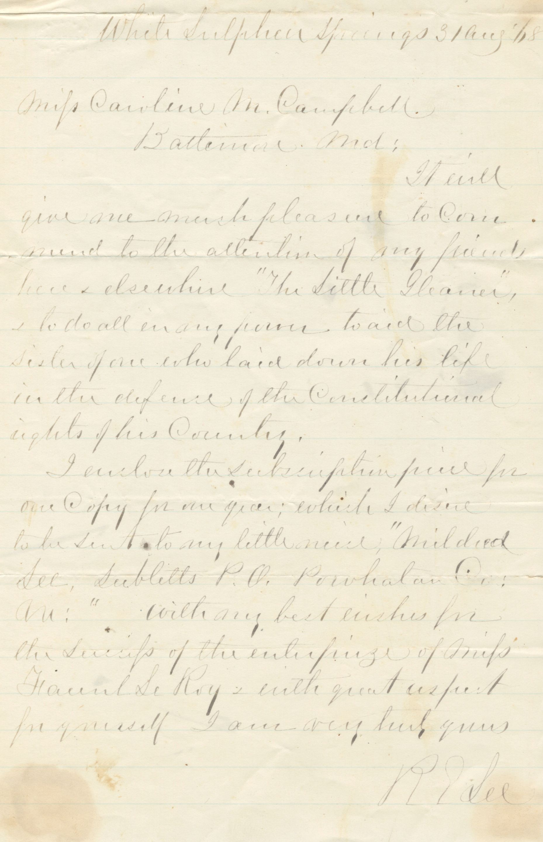 Bonhams : AMERICAN CIVIL WAR - ROBERT E. LEE. Autograph letter signed (RE Lee), to Miss Caroline ...