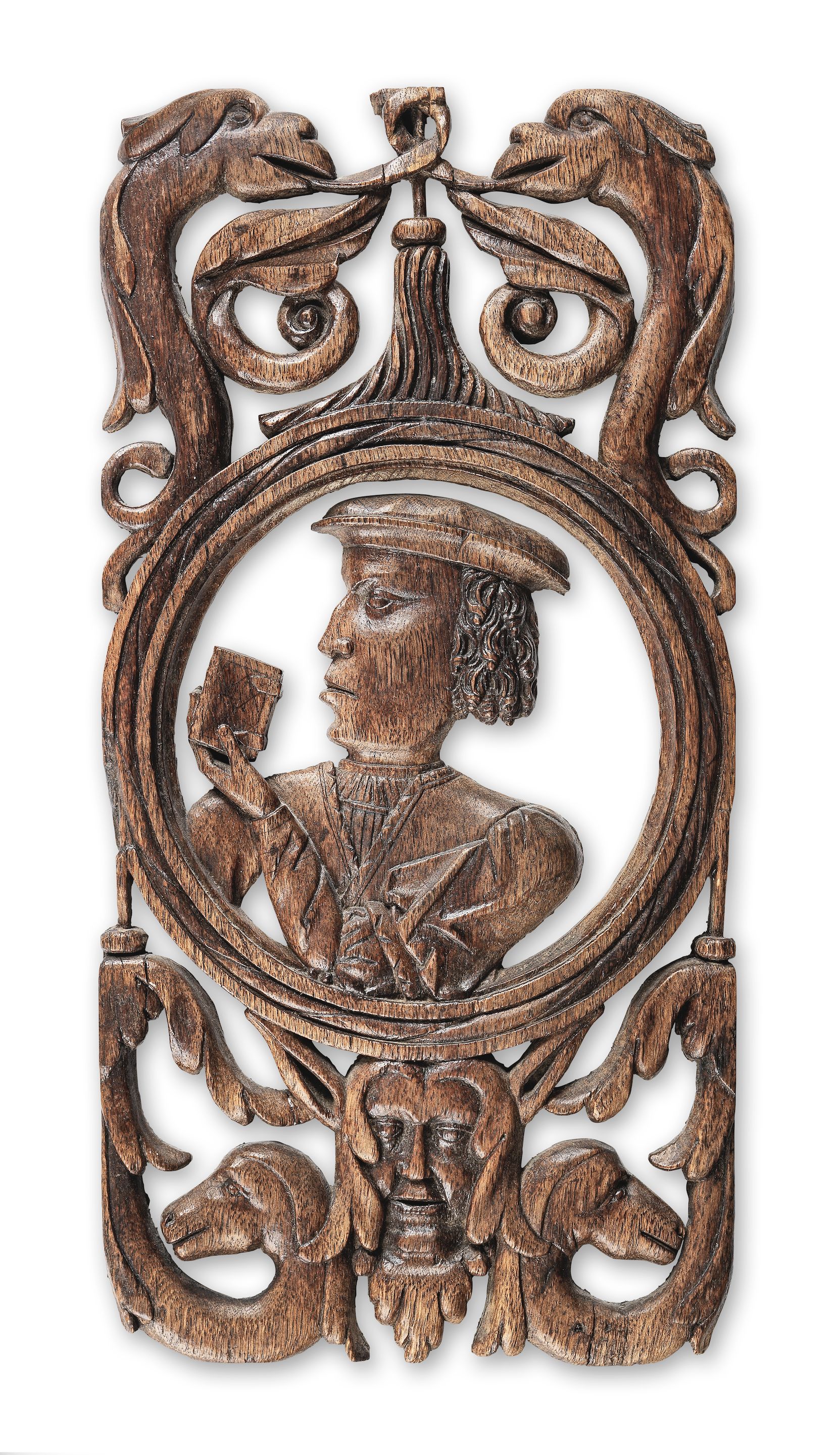 Bonhams : A rare and interesting carved and pierced oak portrait panel ...