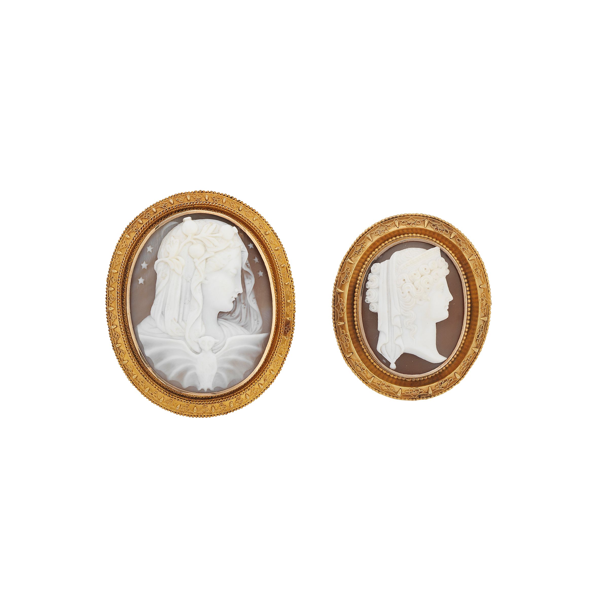 Bonhams : Two oval shell cameo brooches, late 19th century