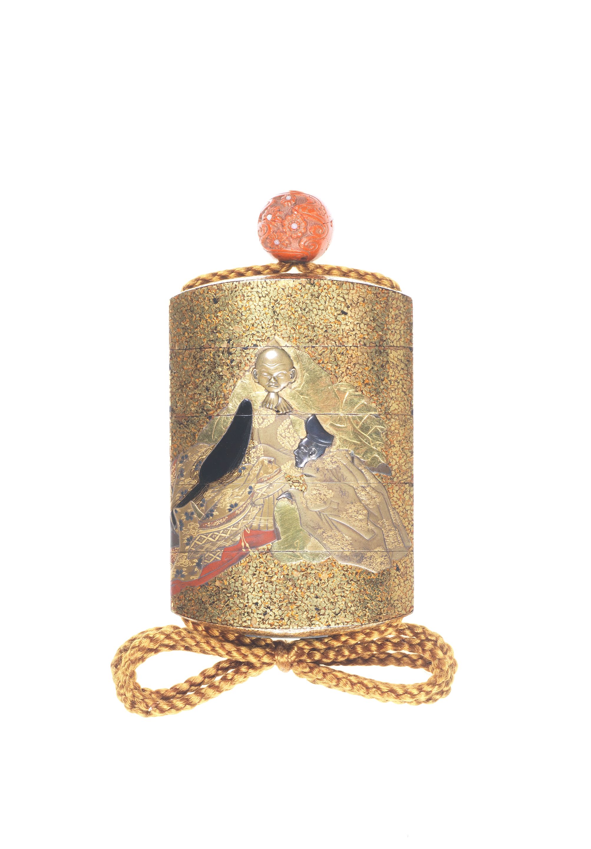 Bonhams : A gold lacquer and metal-inlaid four-case inro By a member of ...