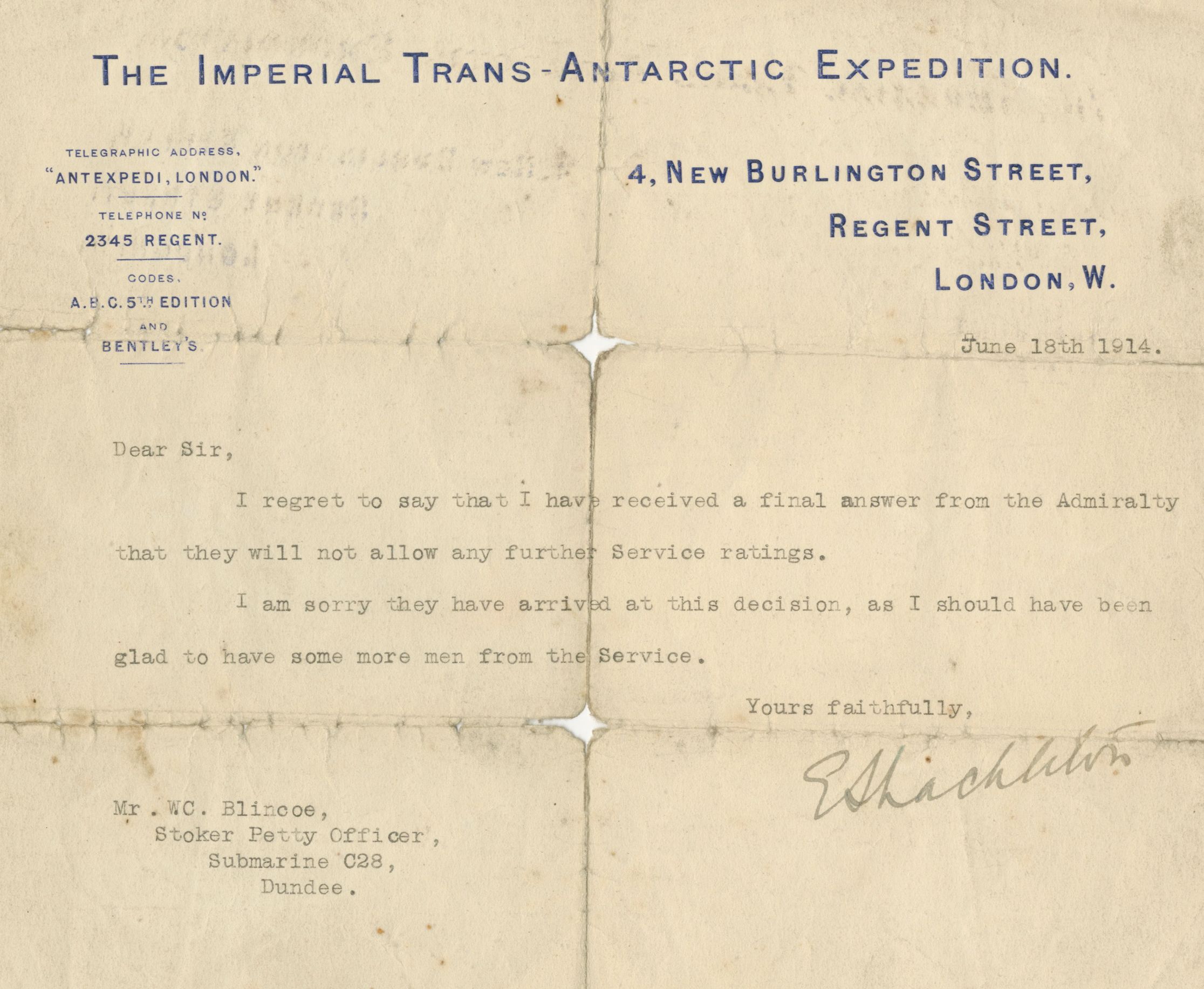 Bonhams : IMPERIAL TRANS-ANTARCTIC EXPEDITION Two typed letters signed ...