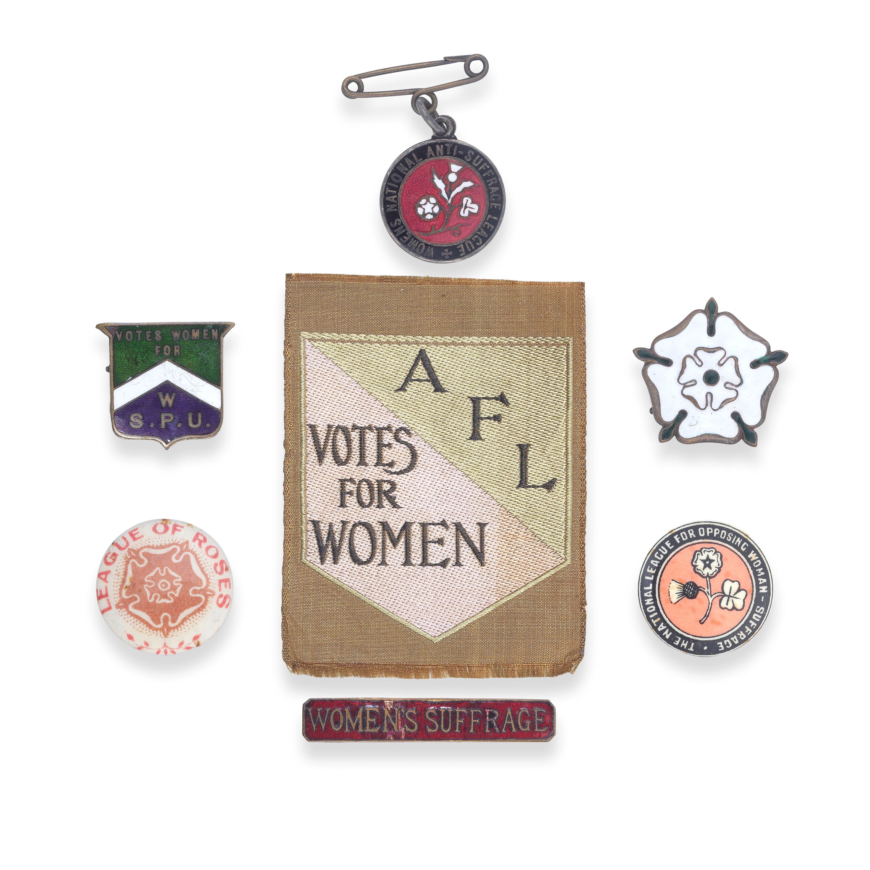 Bonhams : SUFFRAGE BADGES Collection of seven pro and anti suffrage badges