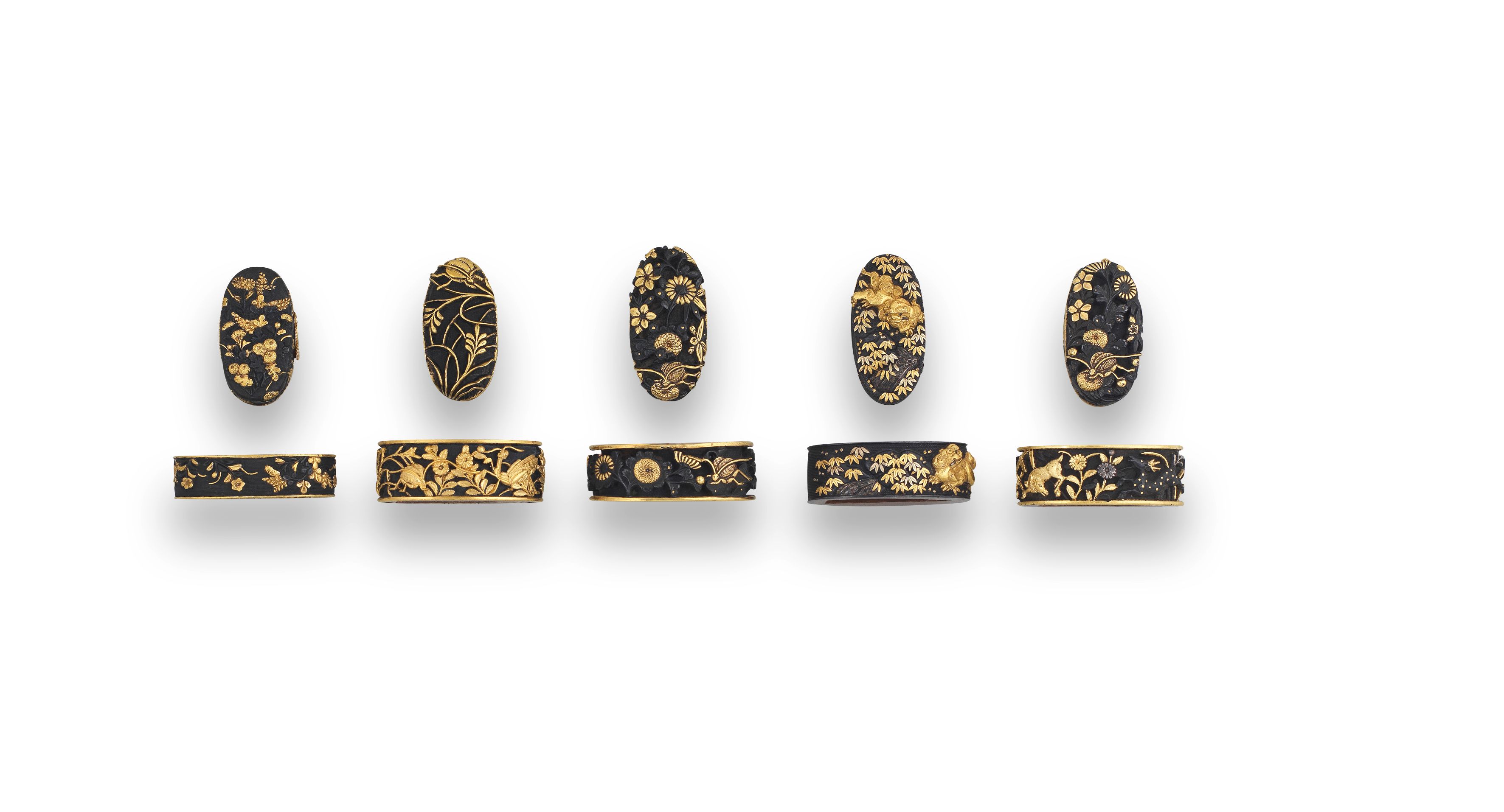 Bonhams : FIVE FUCHI-GASHIRA (HILT COLLARS AND POMMELS) IN MINO GOTO ...