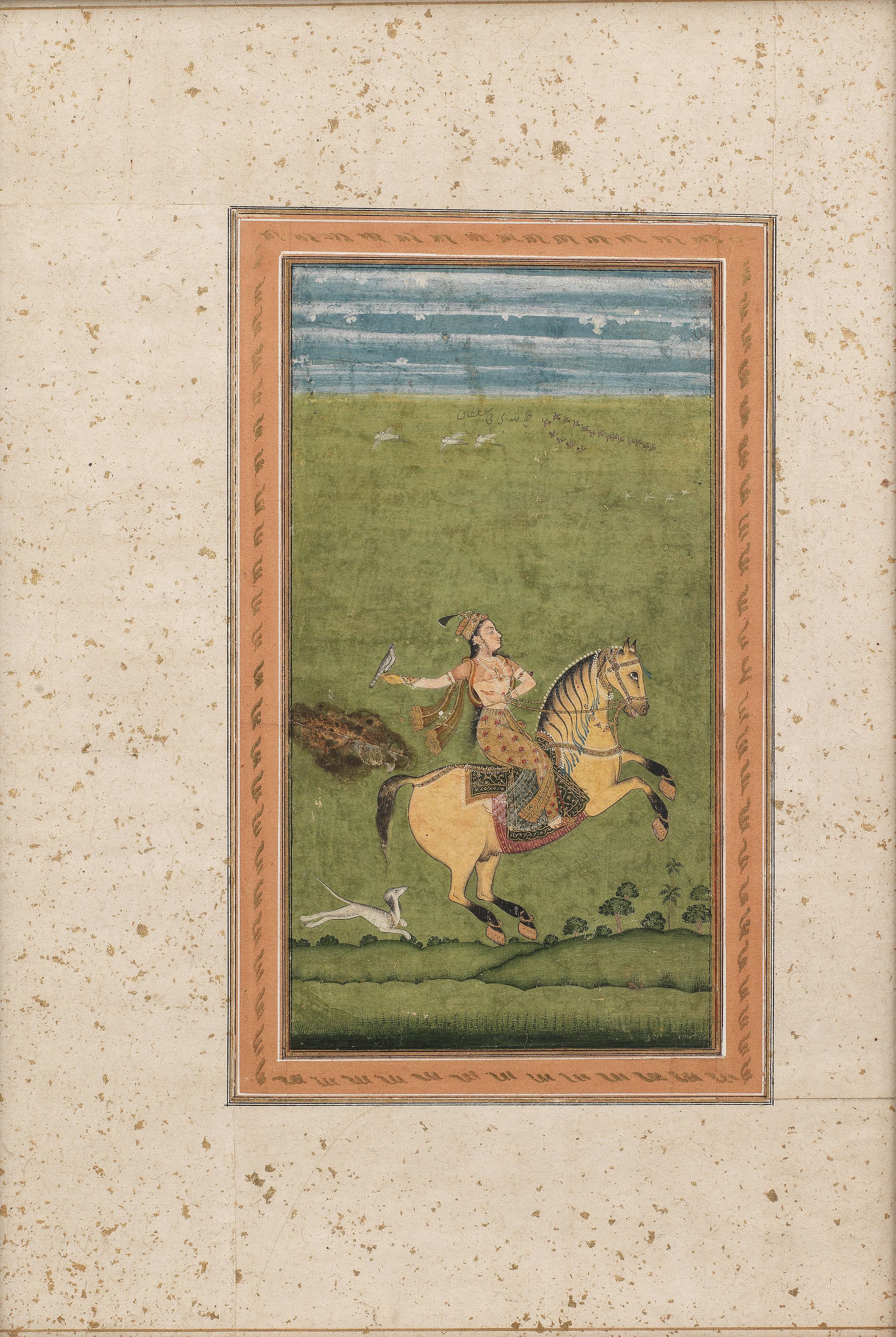 Bonhams : Chand Bibi hunting on horseback with a falcon, the reverse ...