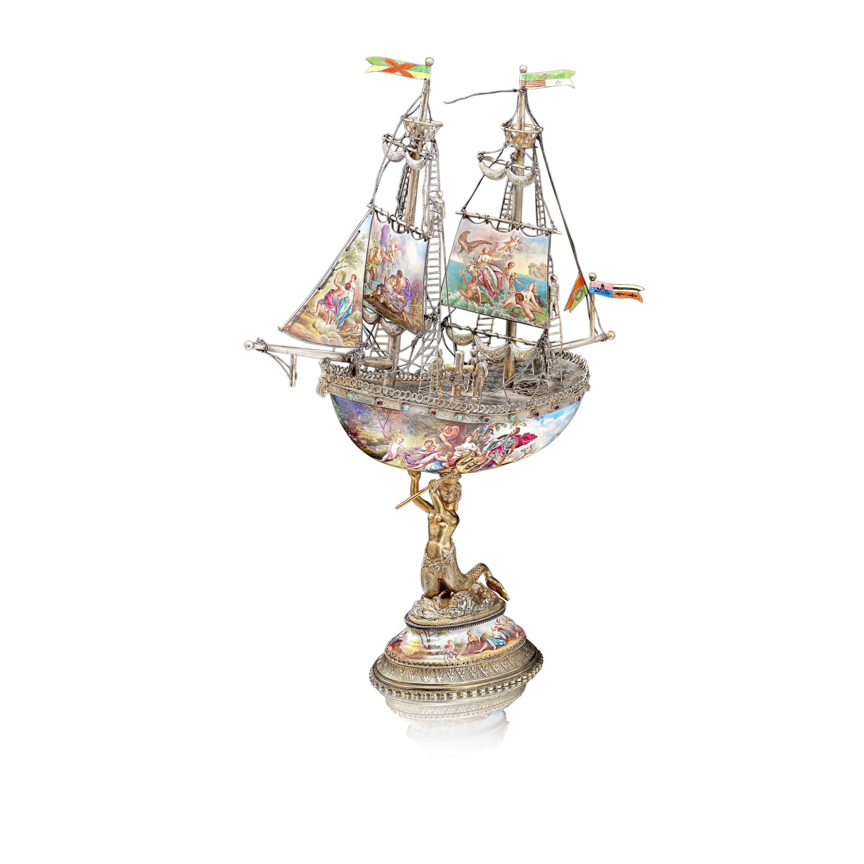 Bonhams : An Austrian silver, silver-gilt and enamel nef maker's mark ...
