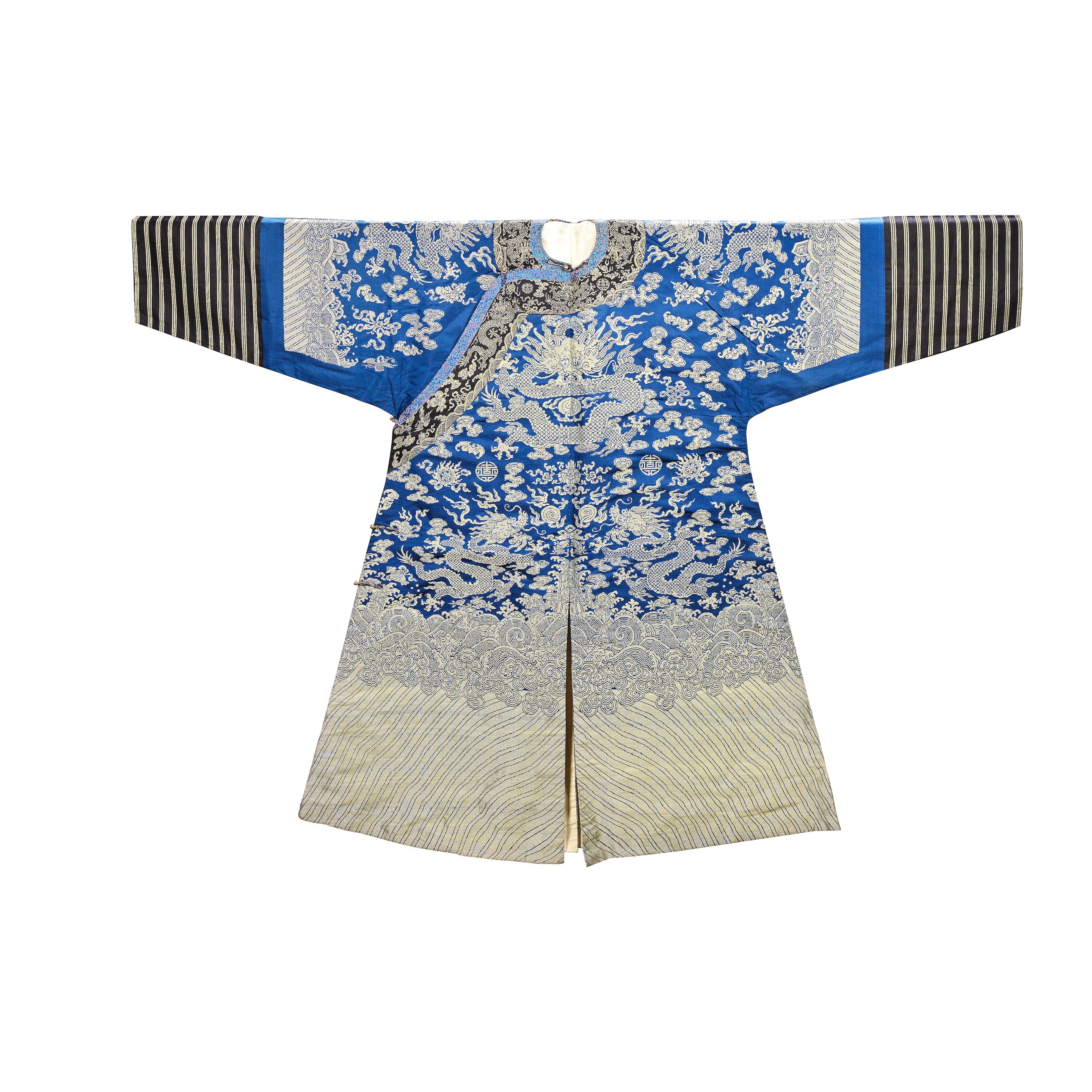 Bonhams : A BLUE GROUND SILK BROCADE DRAGON ROBE, JIFU 19th century