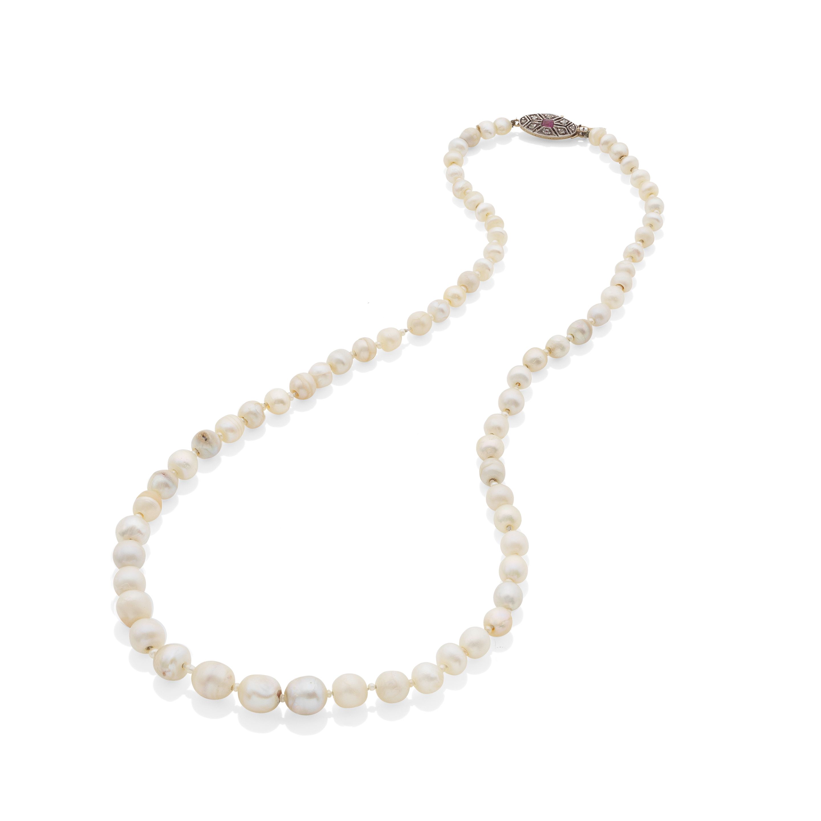 Bonhams : NATURAL PEARL NECKLACE WITH RUBY AND DIAMOND CLASP