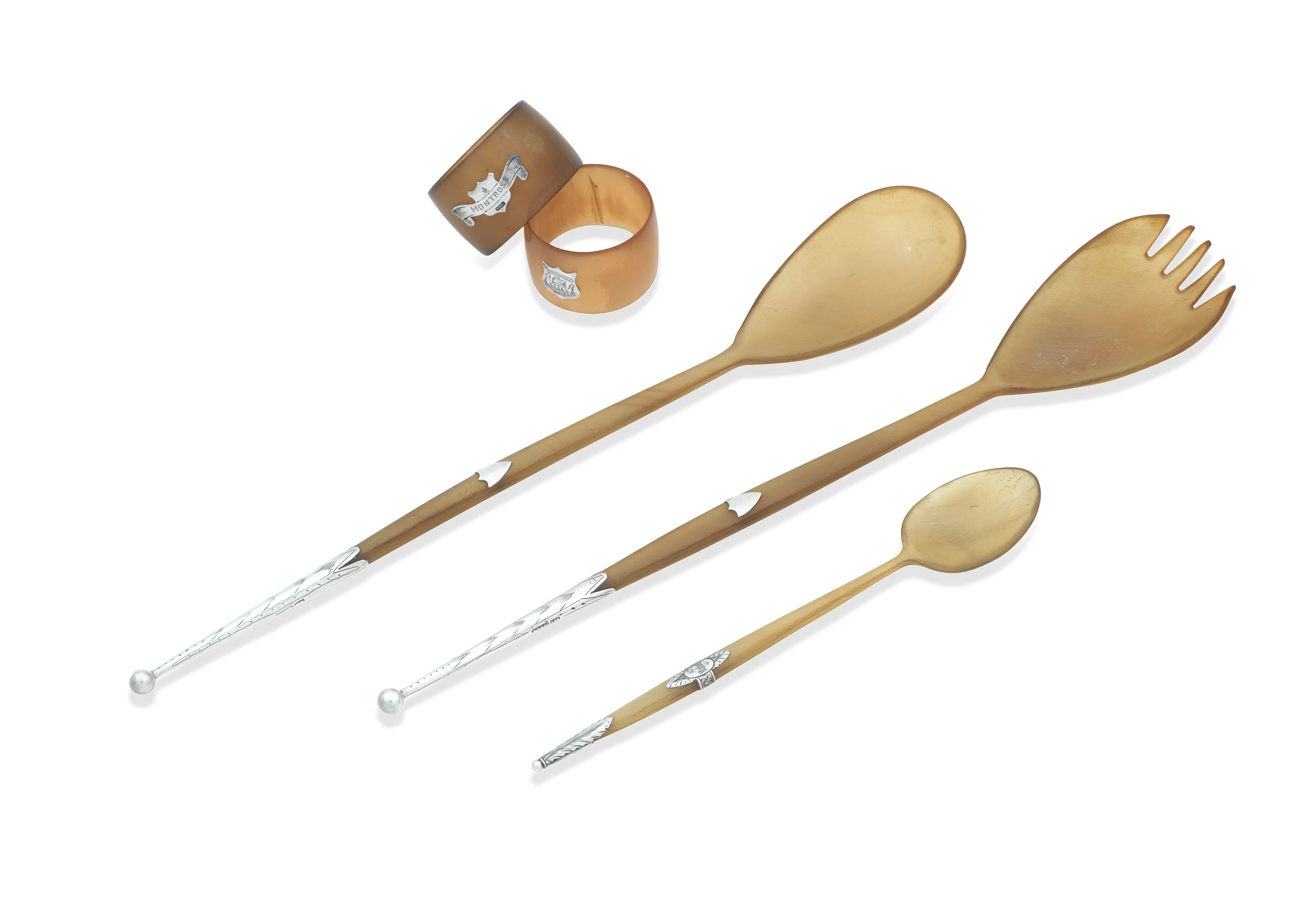 Bonhams : A PAIR OF EDWARDIAN SILVER-MOUNTED HORN SALAD SERVERS BY ...