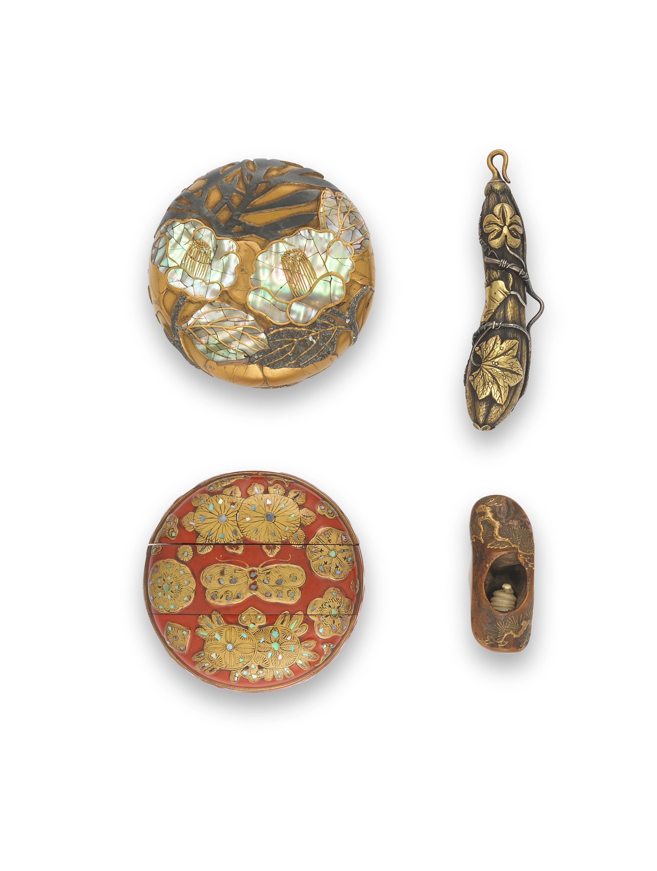 Bonhams : A RED-LACQUER CIRCULAR TWO-CASE INRO, AN INLAID GOLD-LACQUER ...