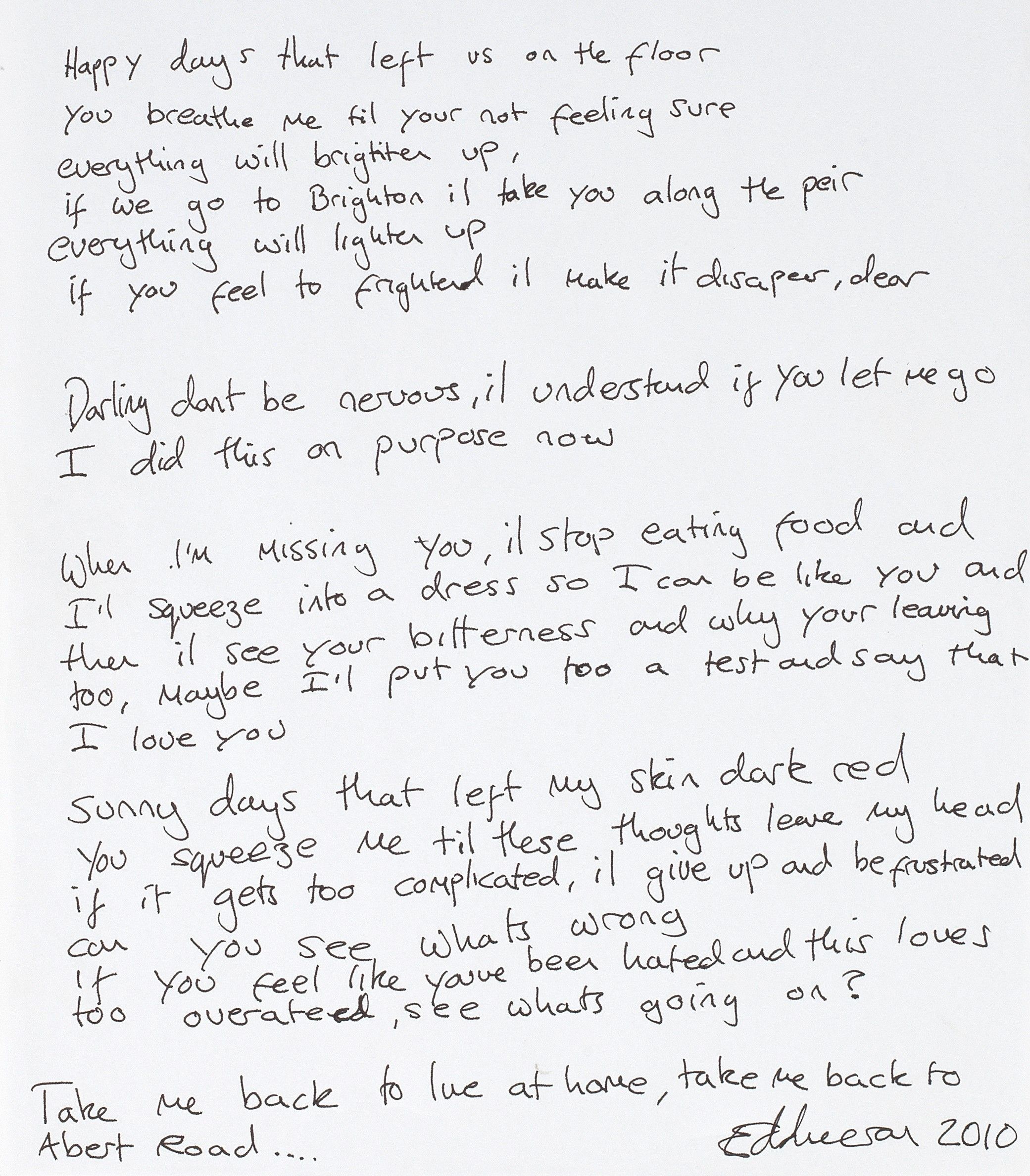 Bonhams : Ed Sheeran Handwritten Lyrics By Ed Sheeran For 'Be Like You ...
