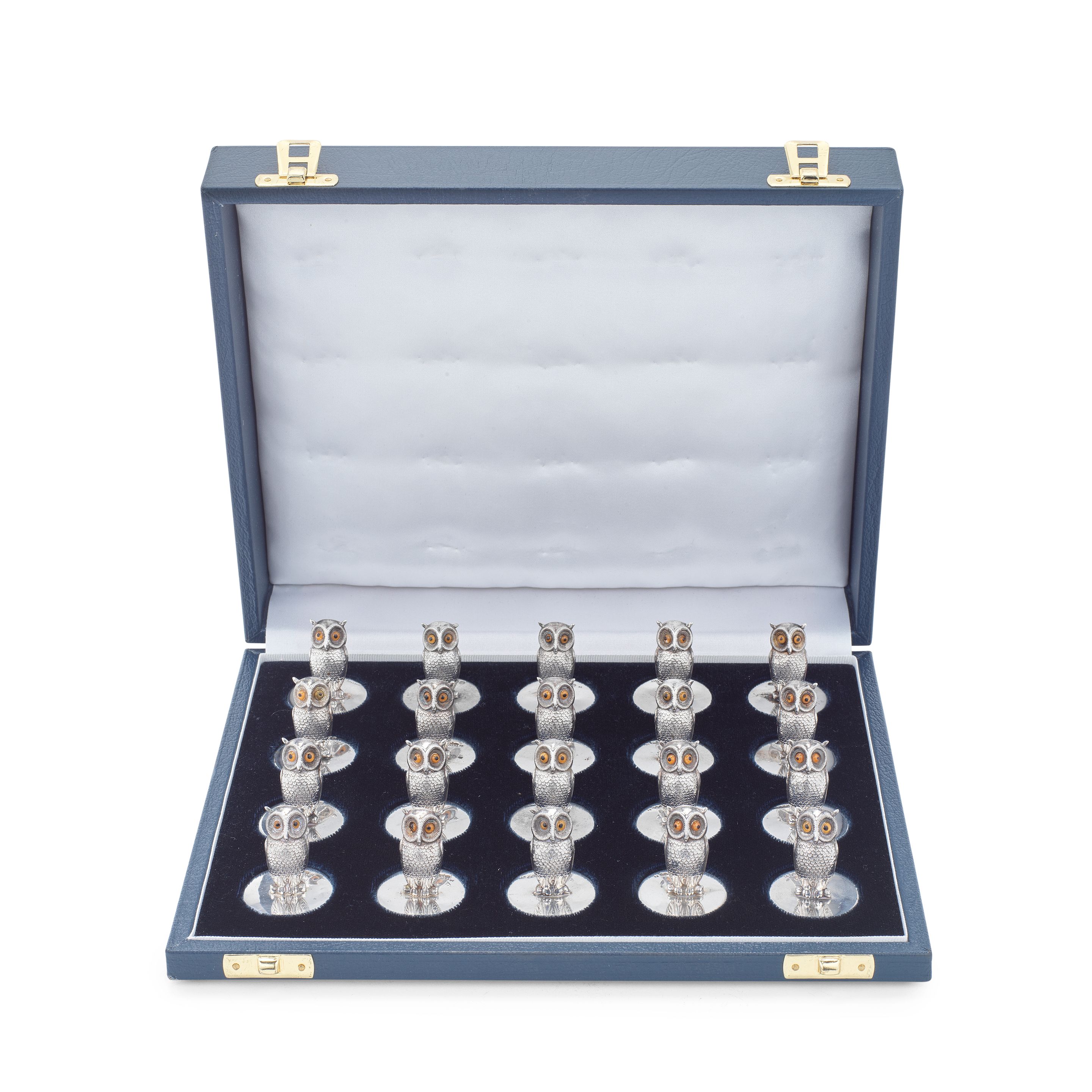 Bonhams : A set of twenty silver owl menu holders, cased Sampson Mordan ...
