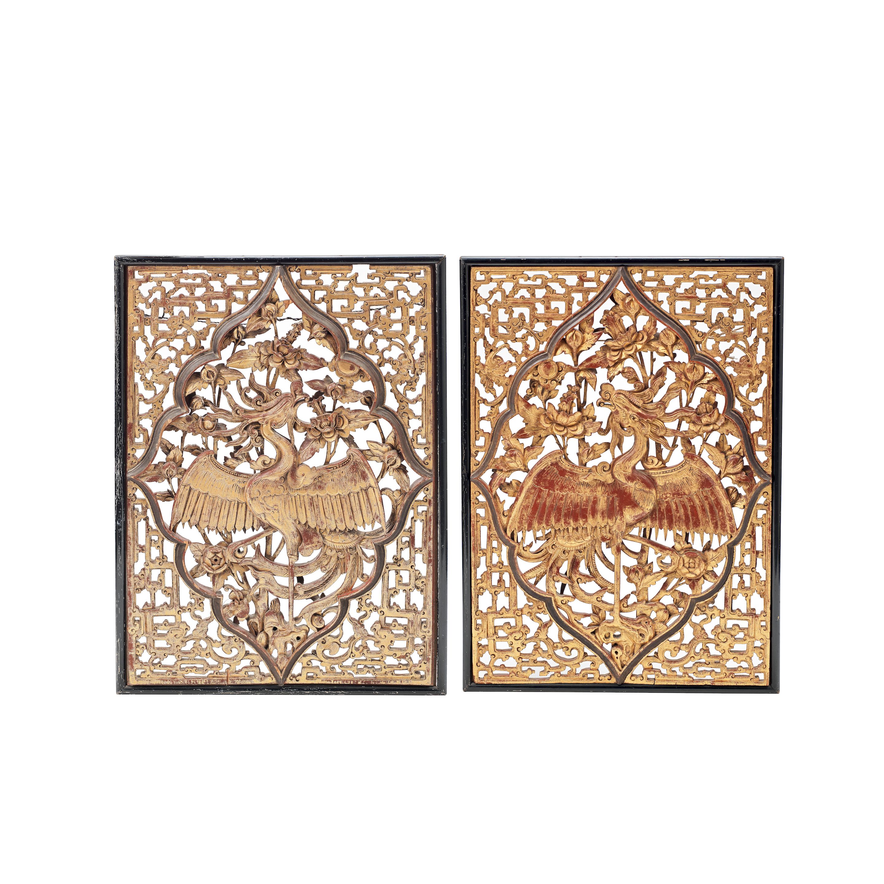 Bonhams : A PAIR OF GILT LACQUERED WOOD 'PHOENIX' PANELS 19th century (2)