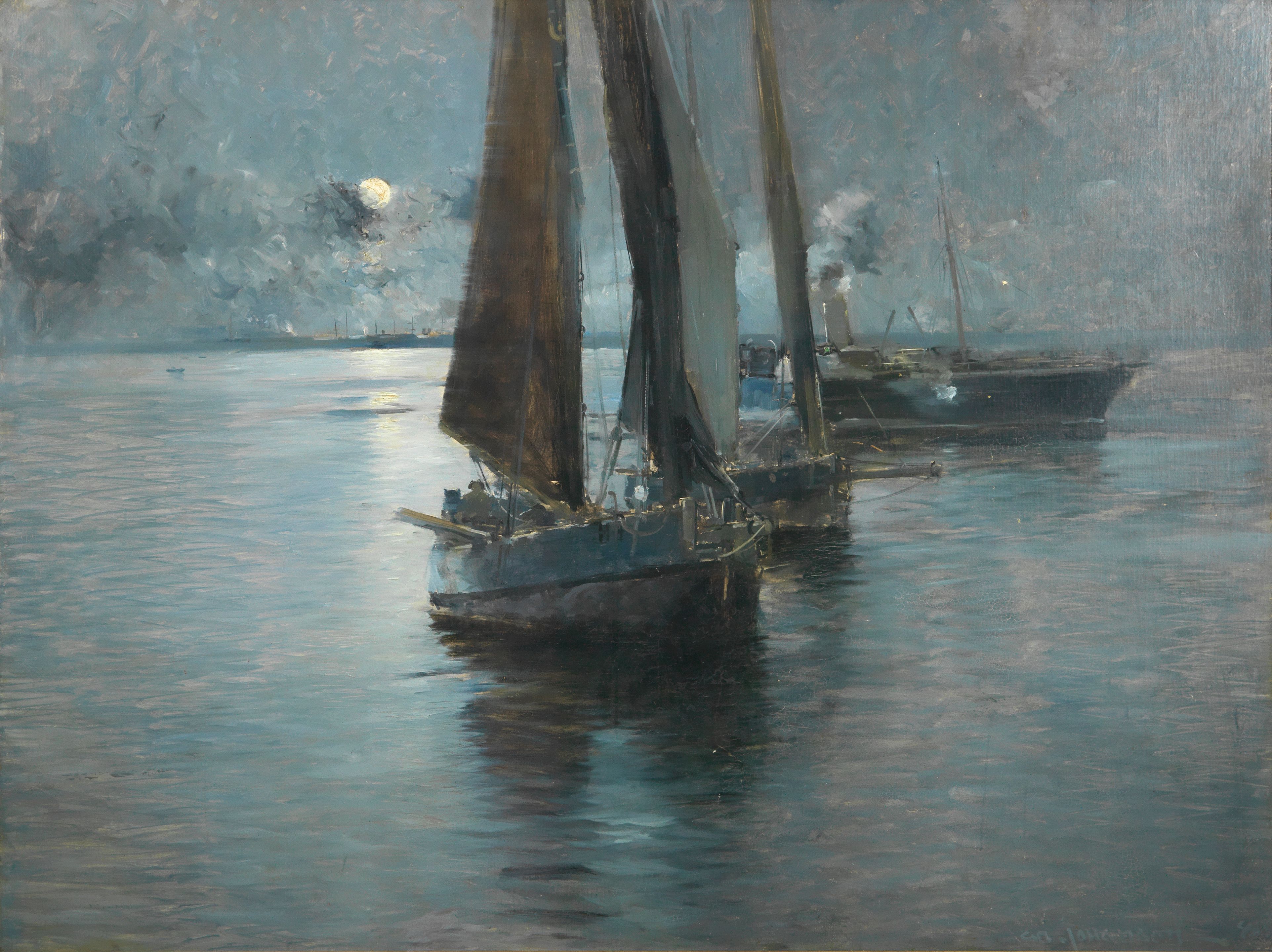 Bonhams : Arvid Johansson (Swedish, 1862-1923) Moonlit harbour