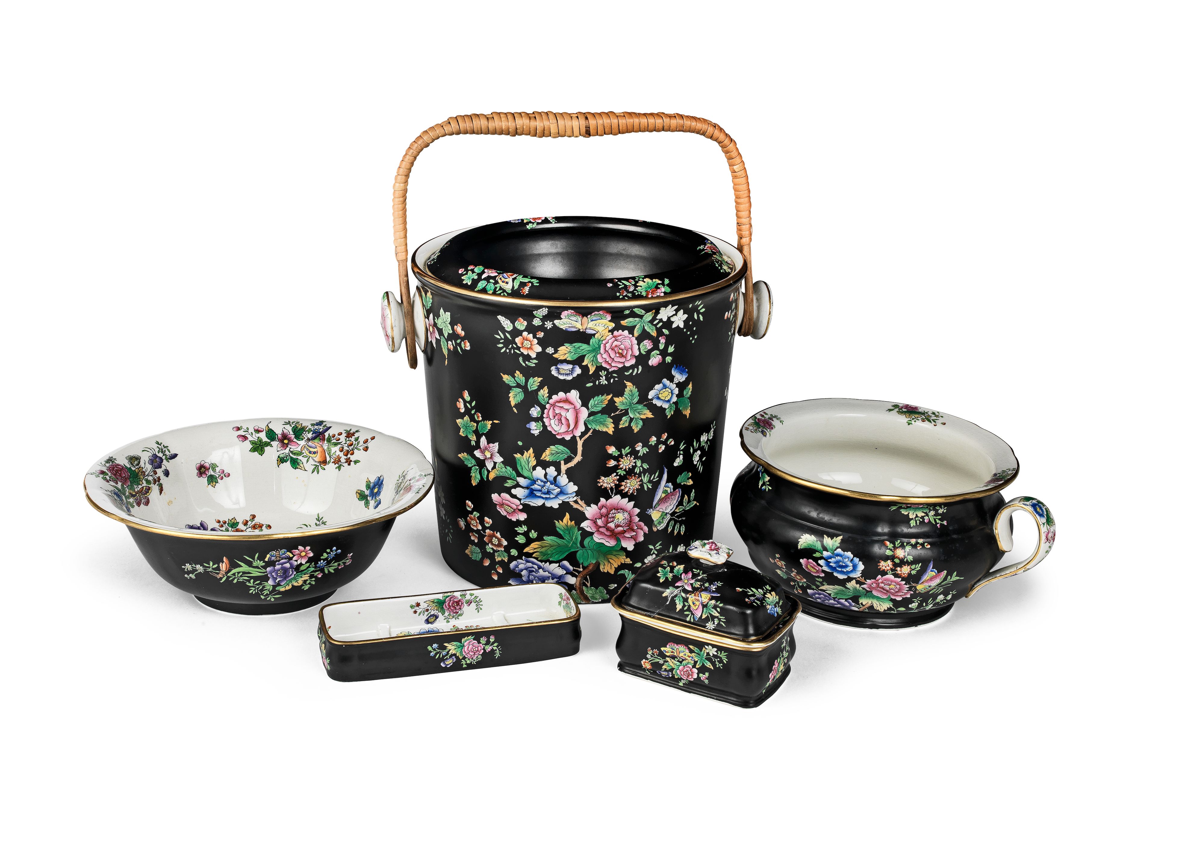 Bonhams : An English porcelain Copeland Spode black-ground toilet set ...