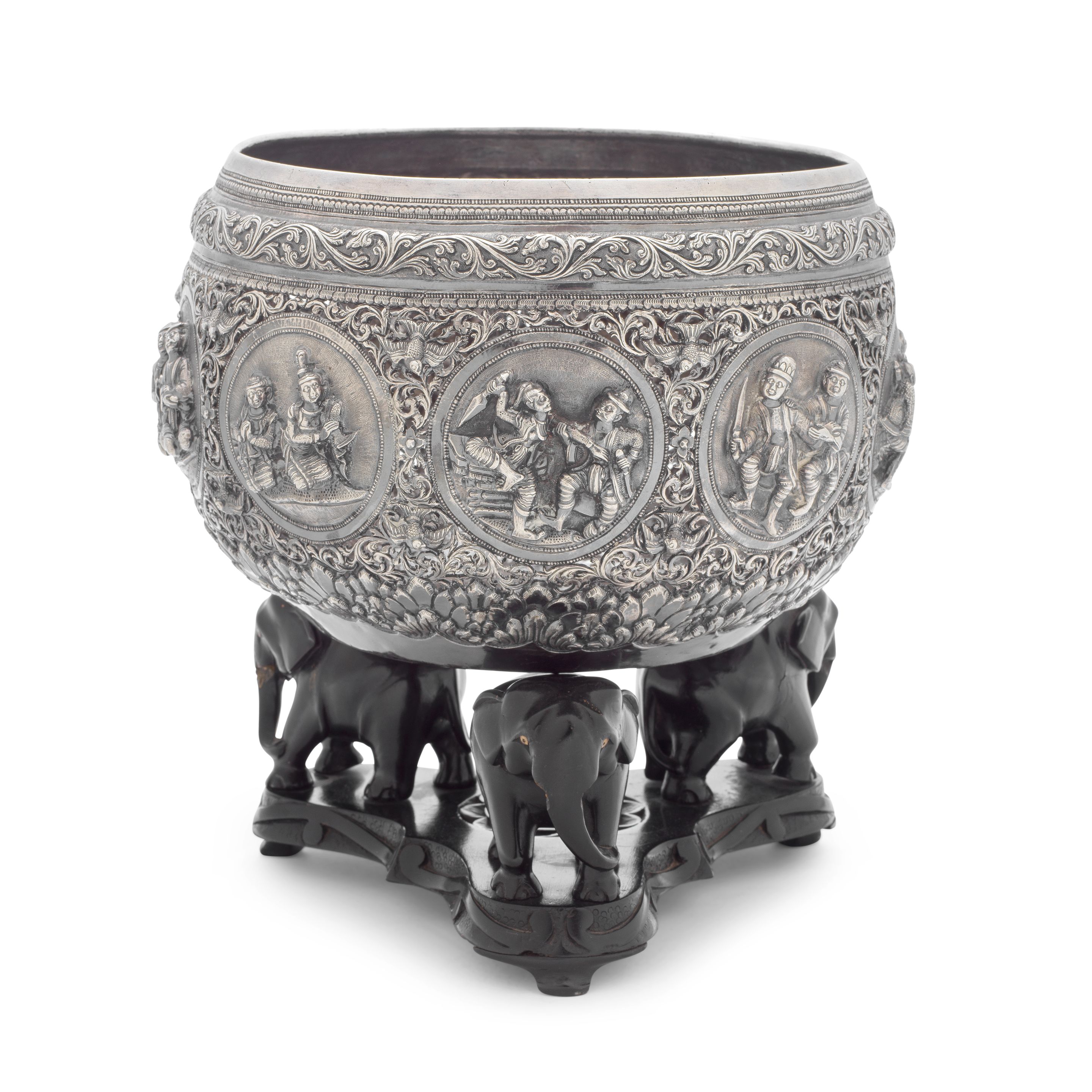 Bonhams : A Burmese silver ceremonial offering bowl with elephant stand ...