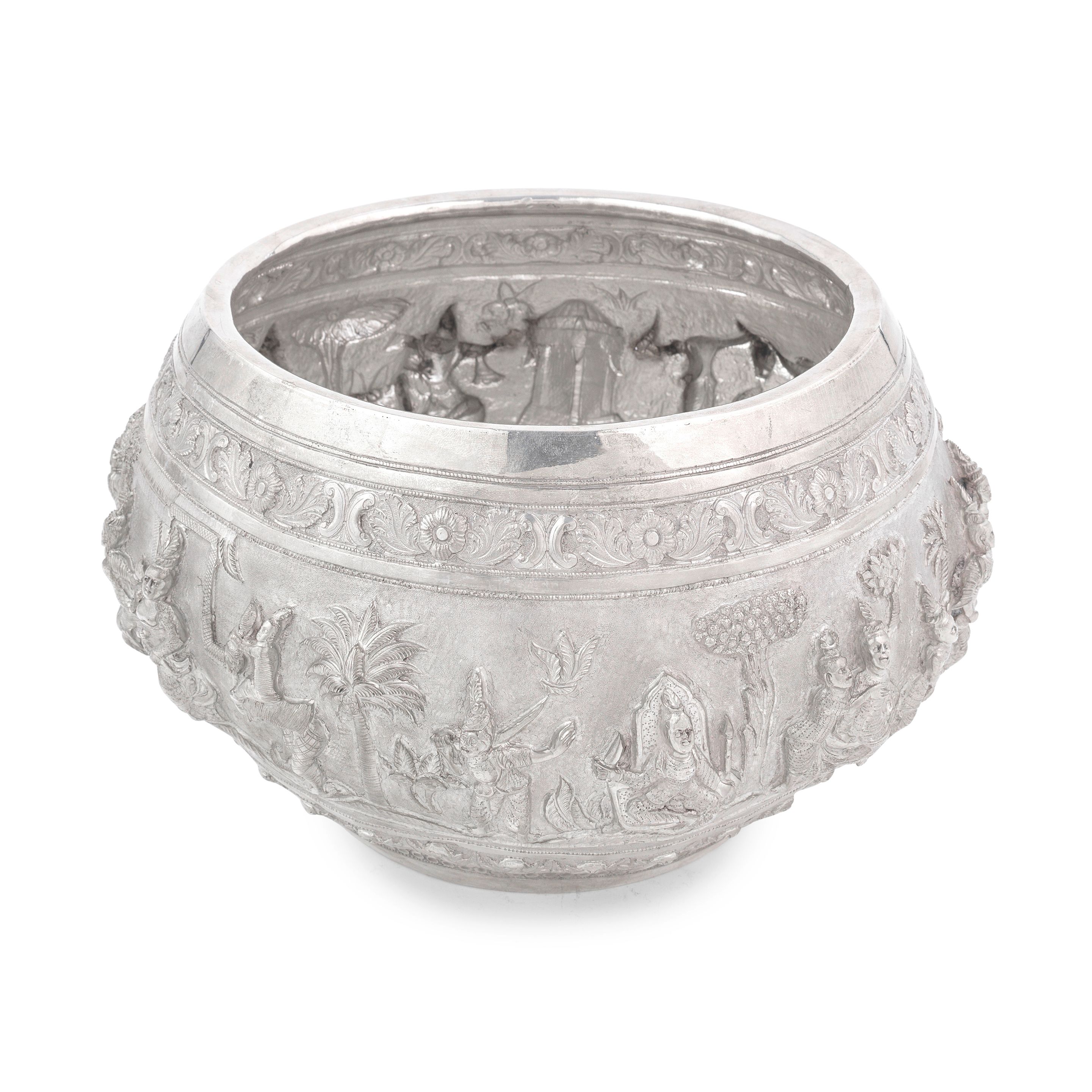 Bonhams : A large Burmese silver offering bowl with scenes from the ...