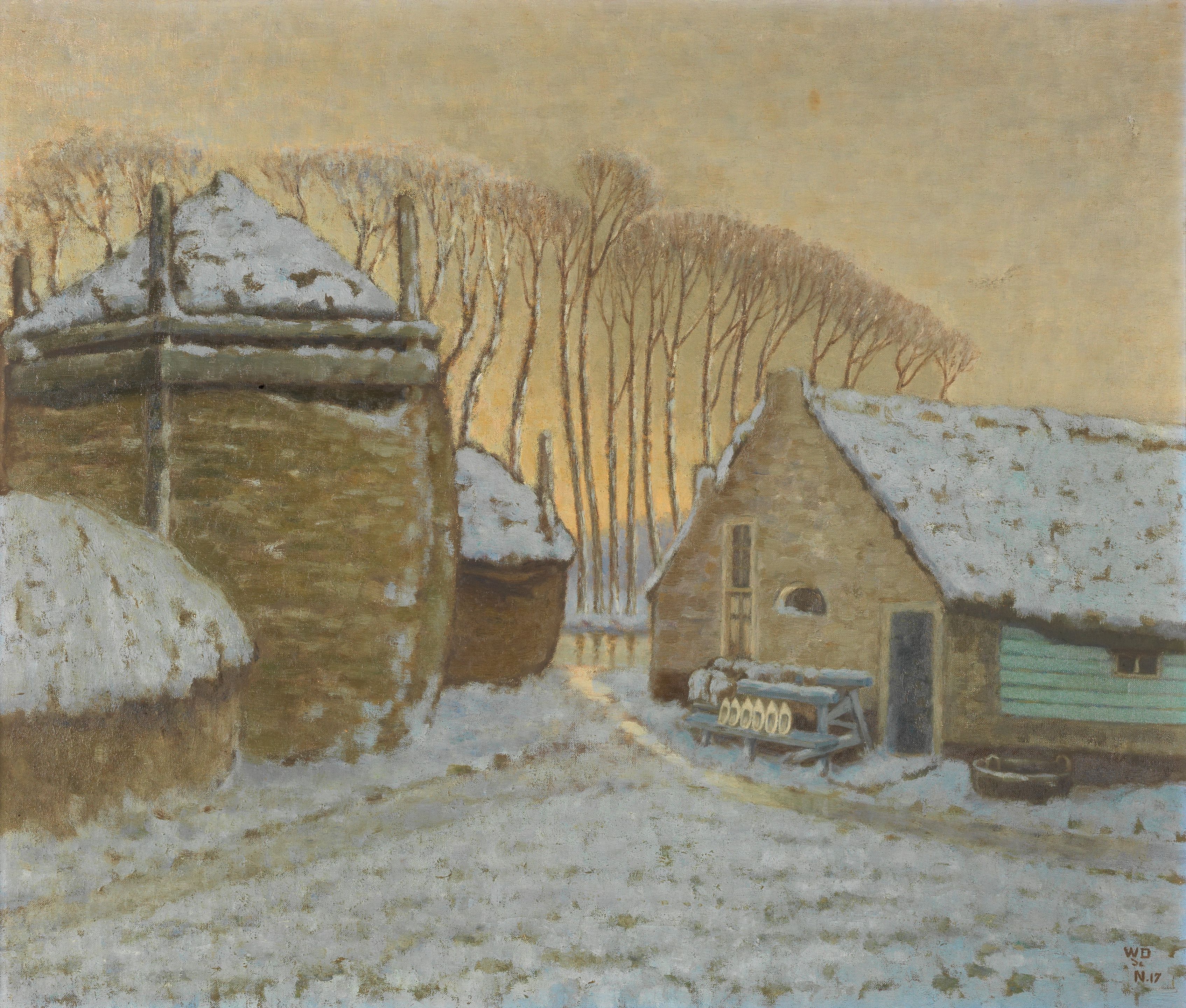 Bonhams : Willem Degouve de Nuncques (Belgian, 1867-1935) Boerderij in de winter bij zonsondergang