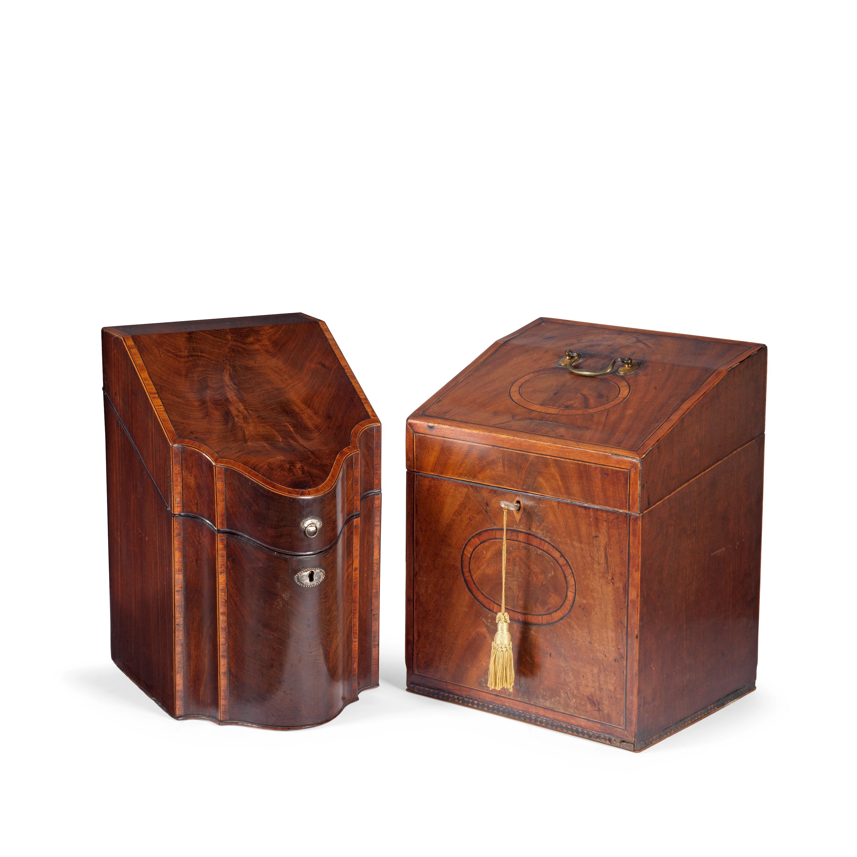Bonhams : Two George III mahogany and crossbanded knife boxes (2)