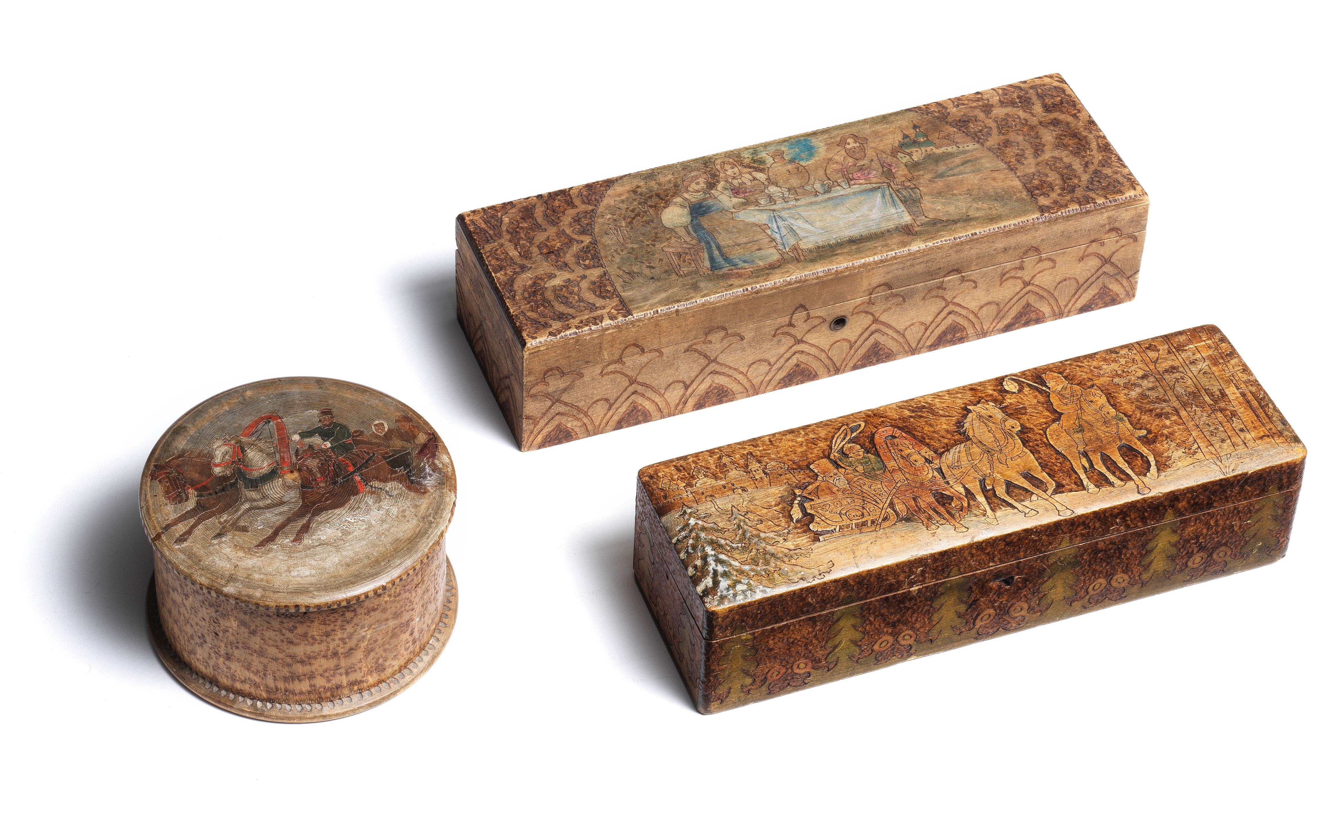 Bonhams : Three Russian style wooden boxesRussia, possibly early 20th ...