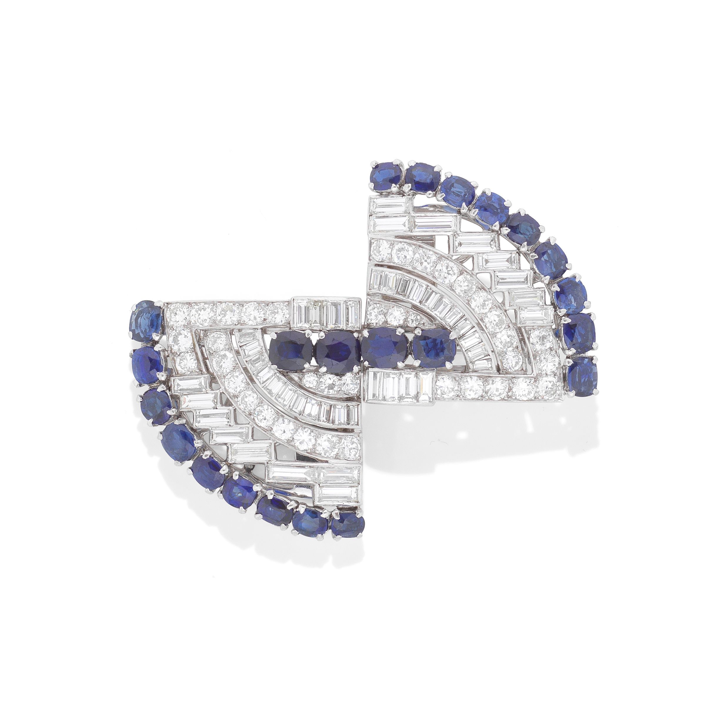 Bonhams : ART DECO SAPPHIRE AND DIAMOND DOUBLE-CLIP BROOCH