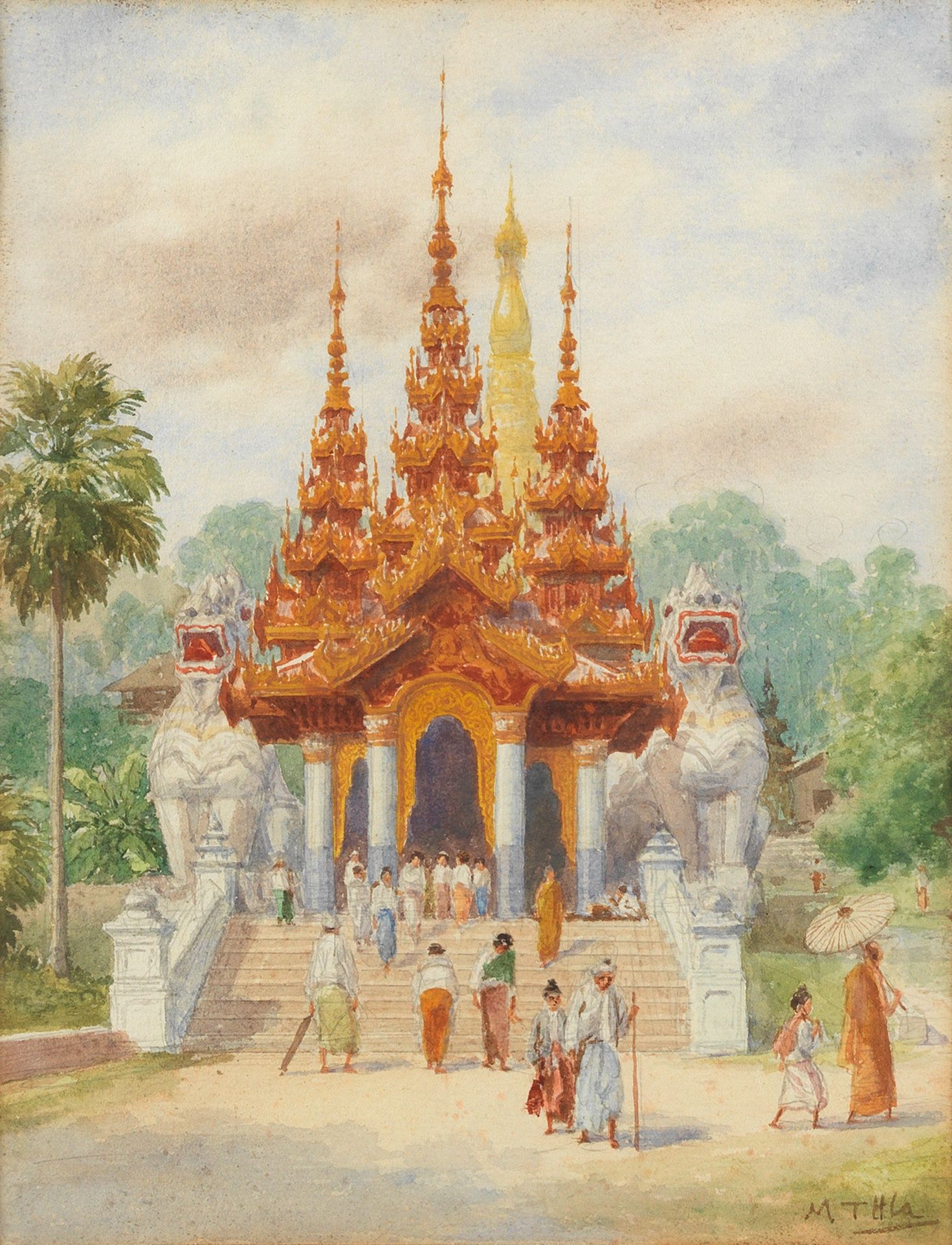 Bonhams : Mg Tun Hla (Burmese, 1874-1946) 'Entrance to Schwedagon ...