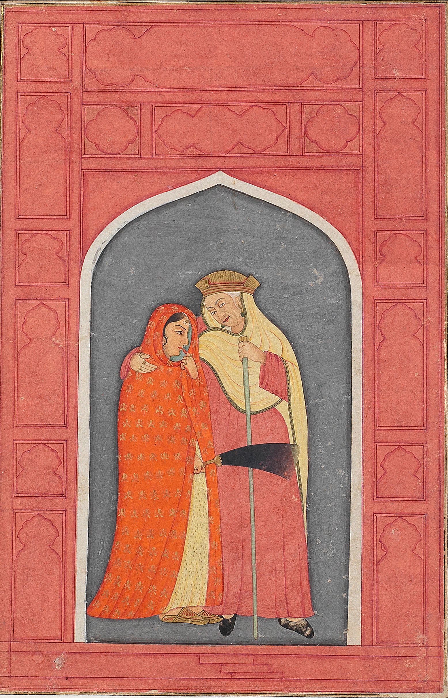 Bonhams : A maiden with her aged governess at an arched doorway ...