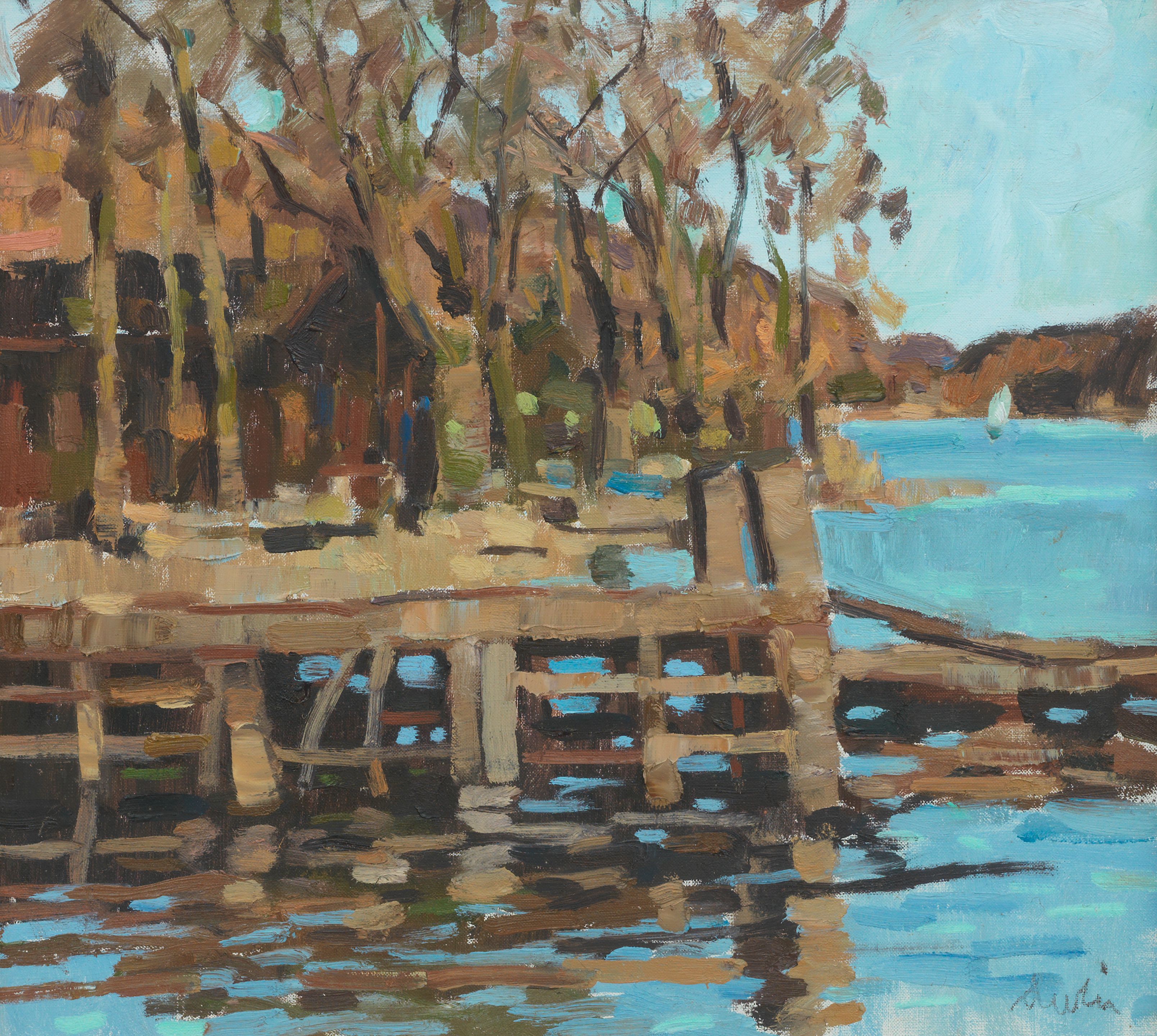 Bonhams : George Devlin RSW (British, 1937-2014) By a lakeside