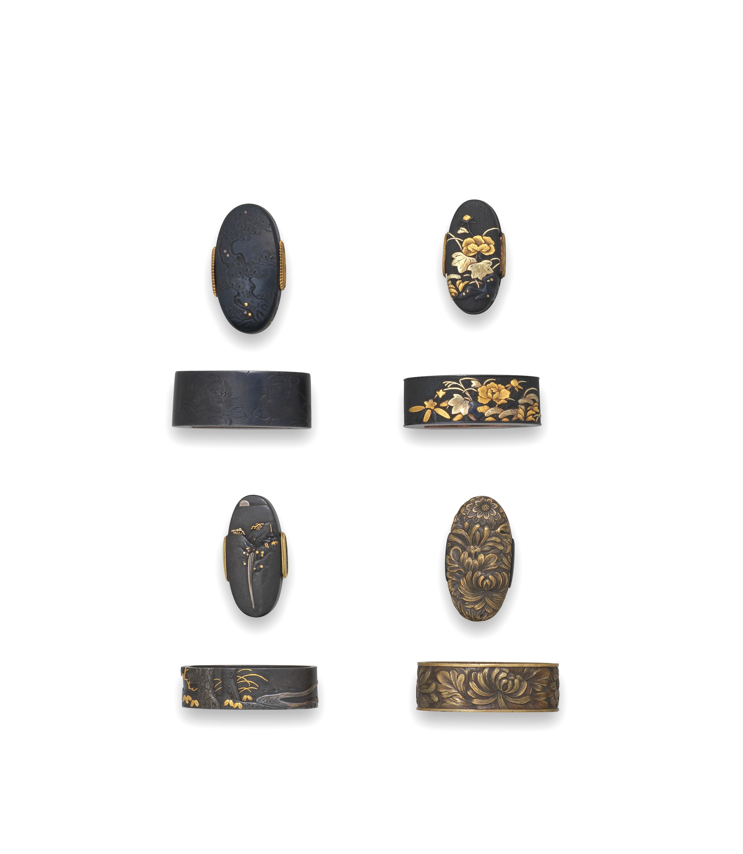 Bonhams : FOUR FUCHI-GASHIRA (MATCHING HILT COLLARS AND POMMELS) Edo ...